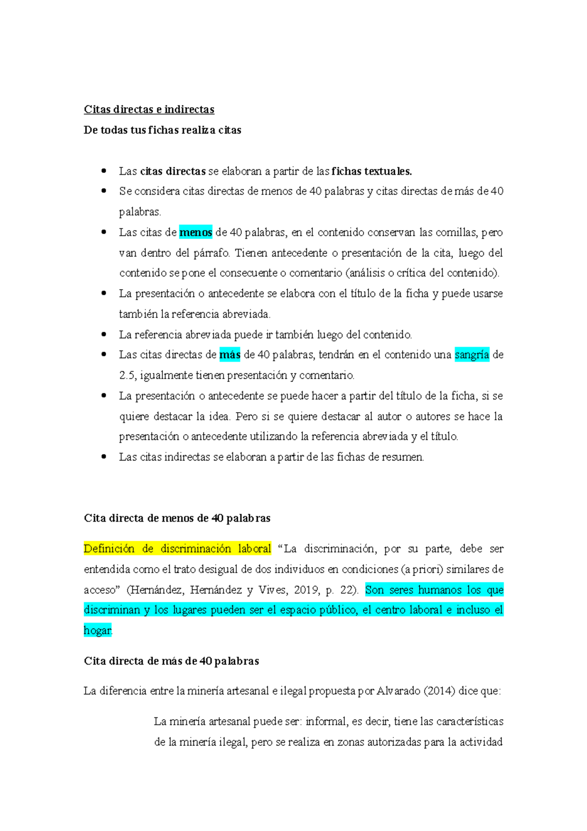 Citas directas e indirectas - Se considera citas directas de menos de ...