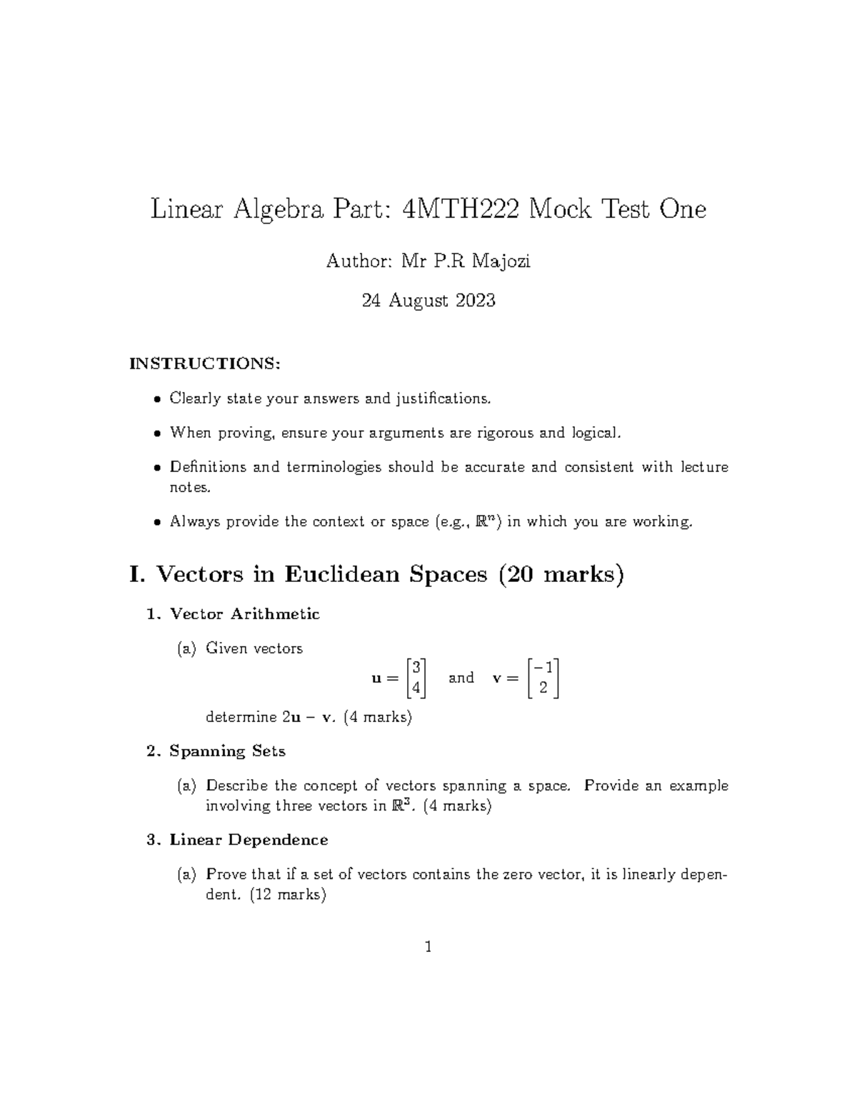 4MTH222 MOCK TEST 1 - Linear Algebra Part: 4MTH222 Mock Test One Author ...