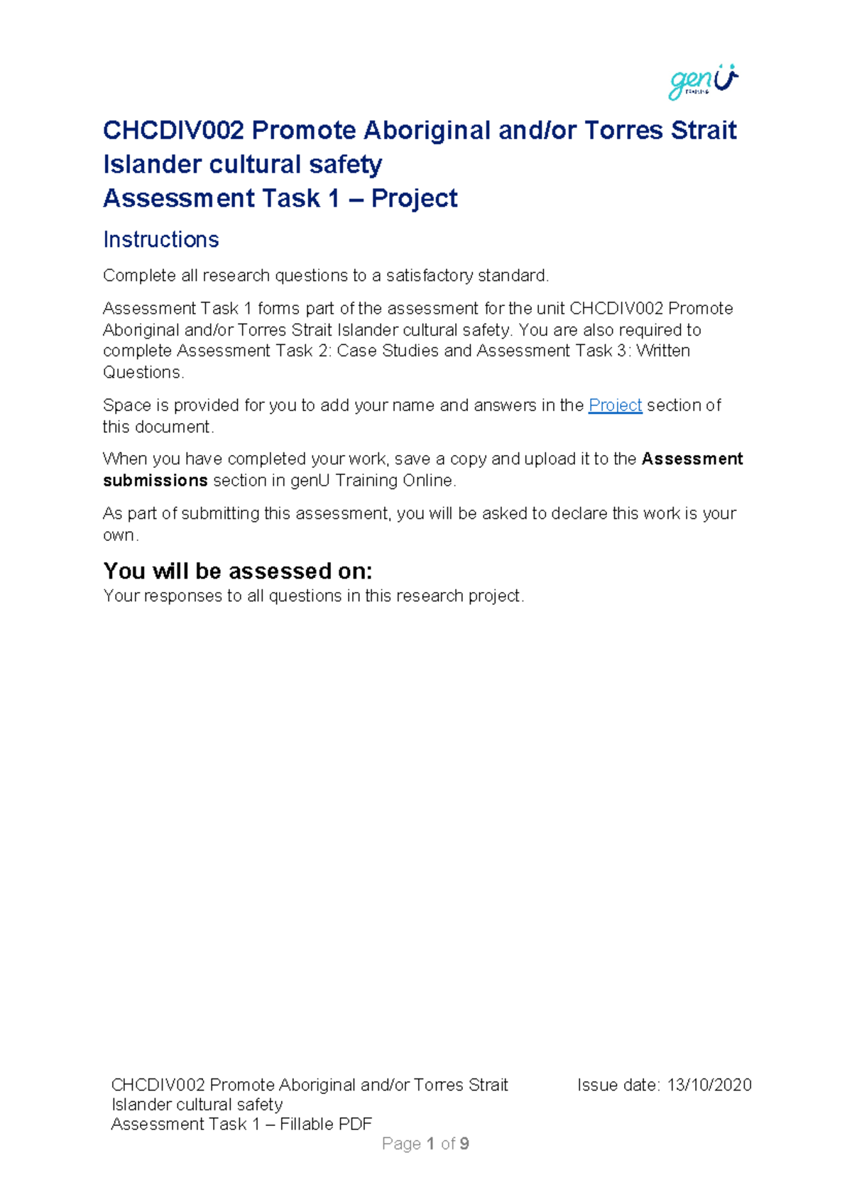 Chcdiv 002 A1 PDF - Task 1 - CHCDIV002 Promote Aboriginal and/or Torres ...