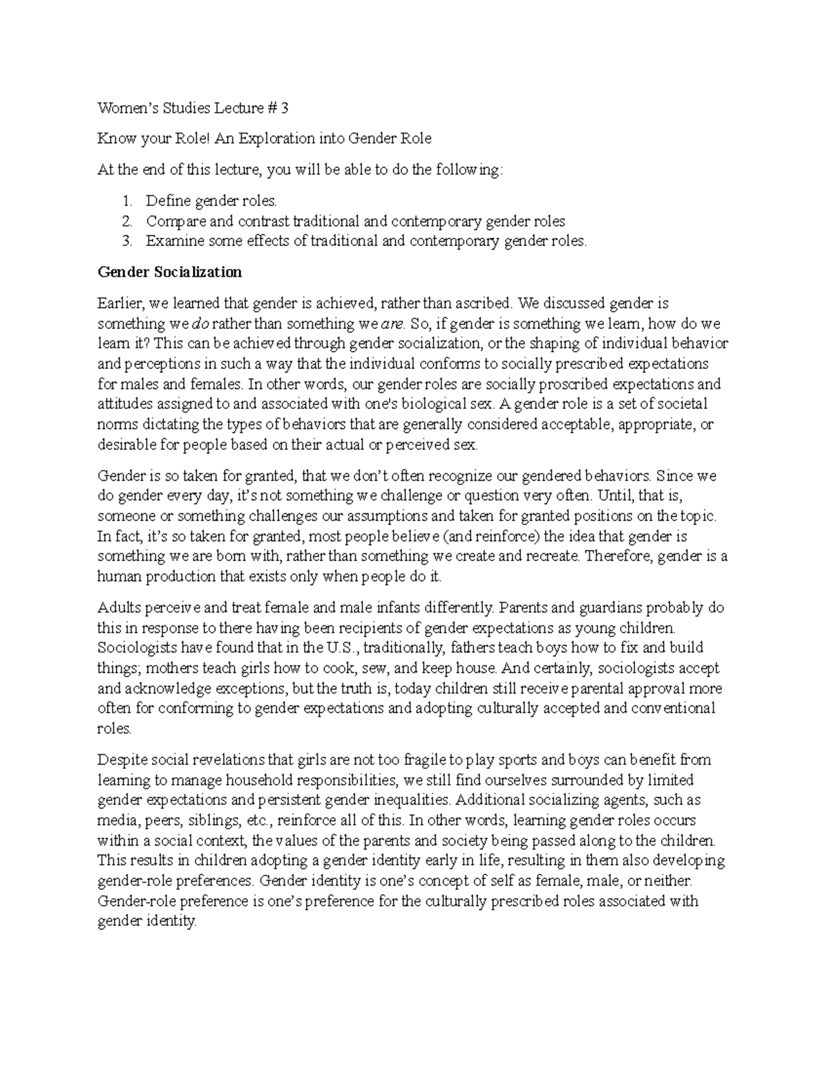 WSL3 - Lecture Notes for Women’s Studies. - Women’s Studies Lecture # 3 ...