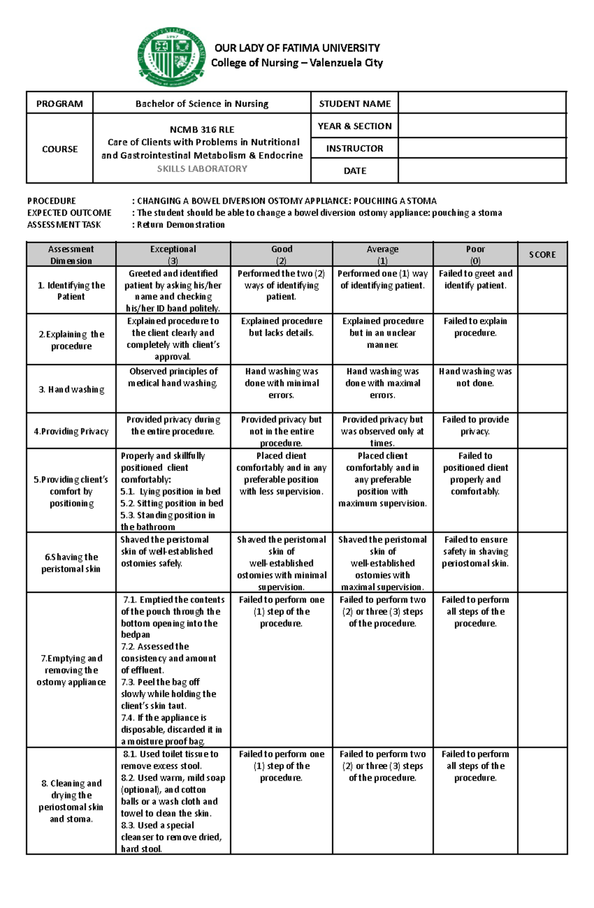 Nursing NCMB316 Rubrics Changing a Bowel Diversion Ostomy Applince ...