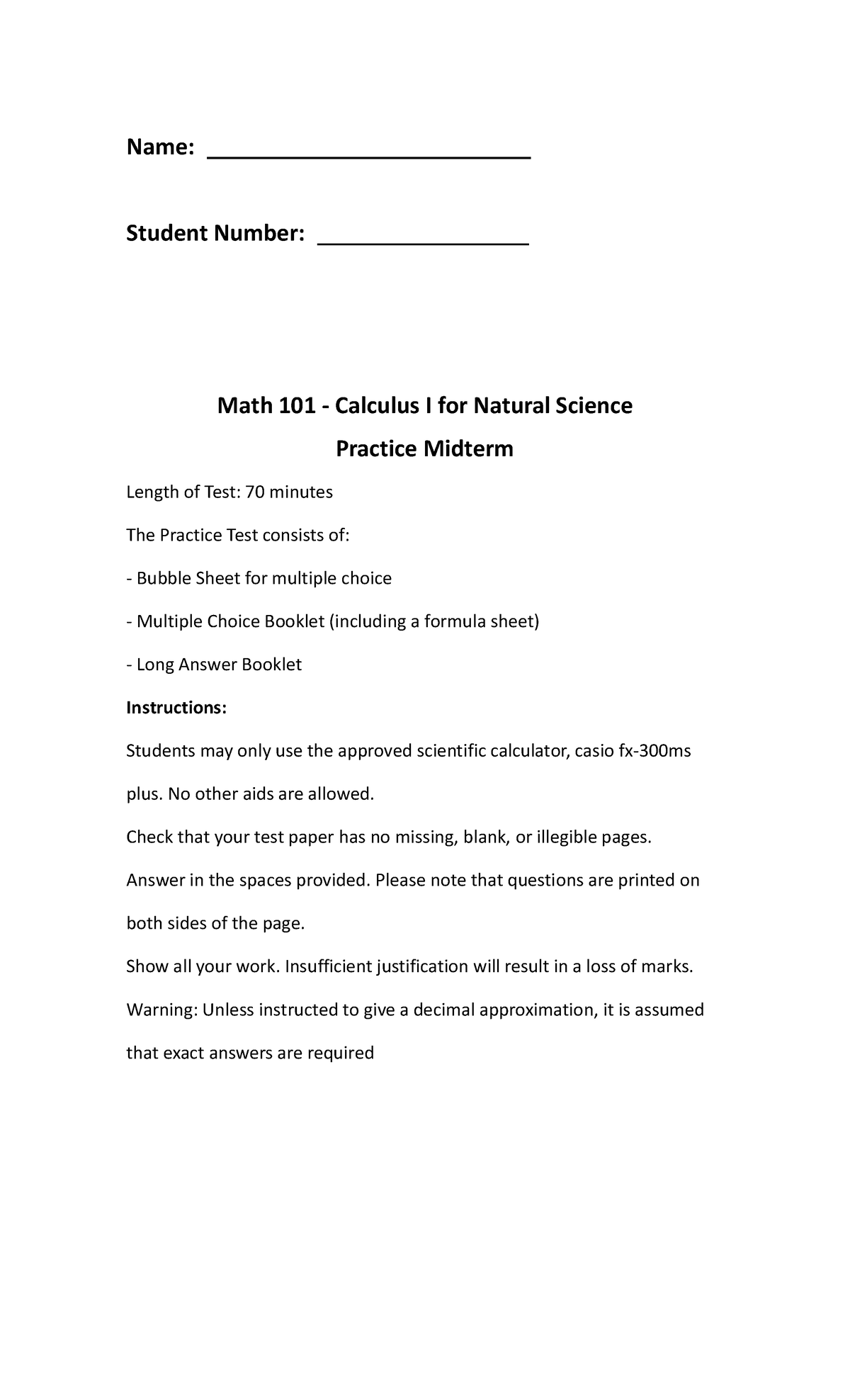 Long Answer Booklet - Practice midterm - Name: Student Number: Math 101 - Calculus I for Natural ...