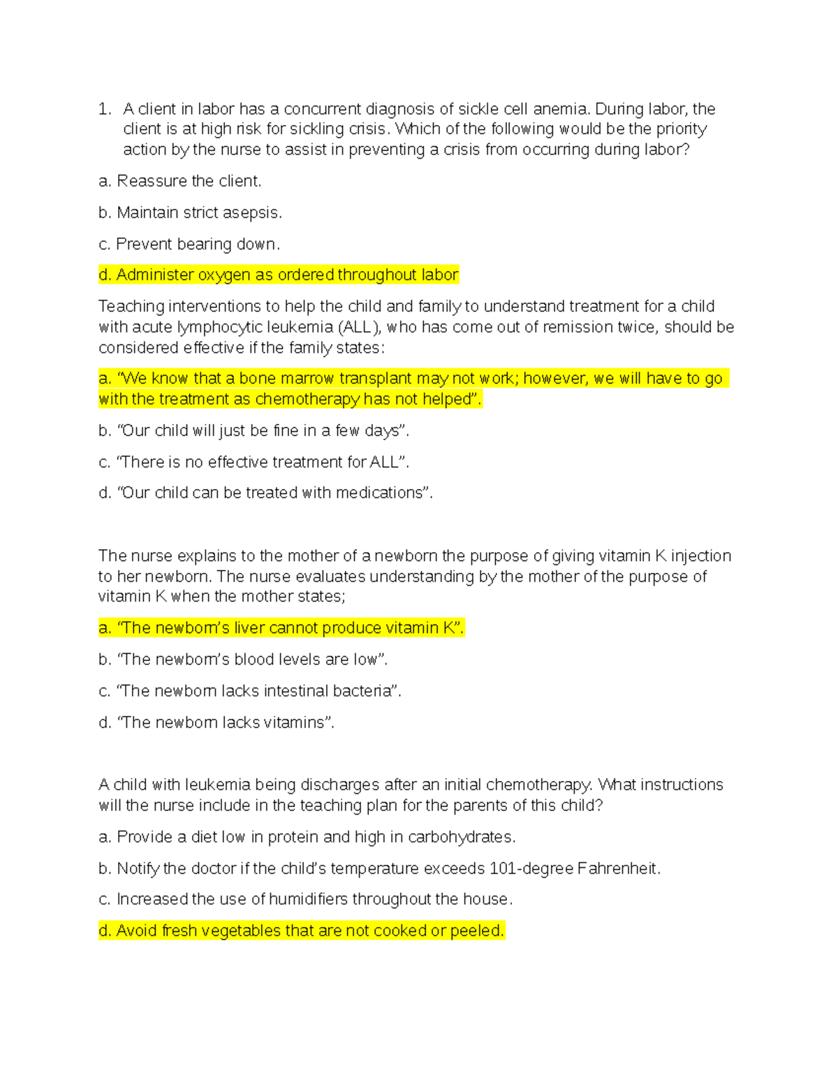 HEMA Possible Questions with Answers - 1. A client in labor has a ...