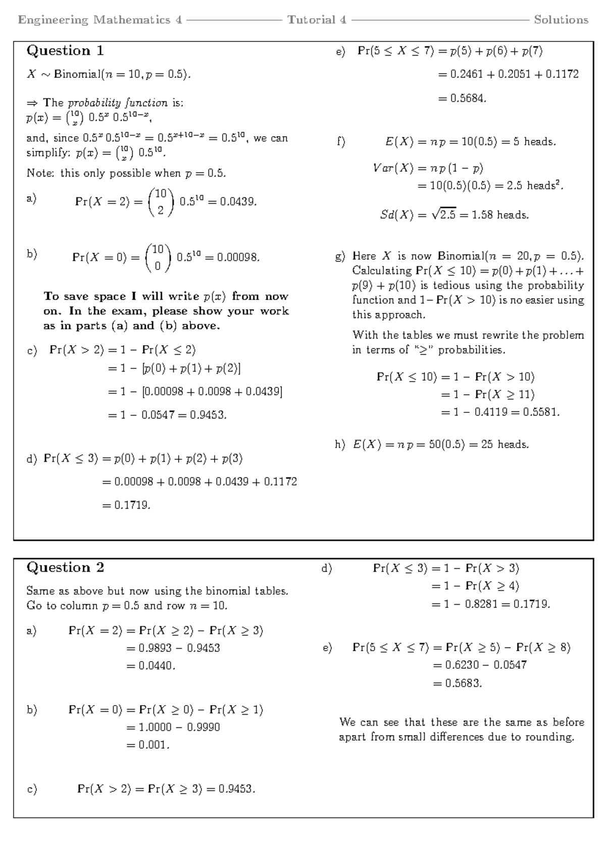 Tutorial 4+Solutions - Dr. Joe Lynch - Engineering Mathematics 4 ...