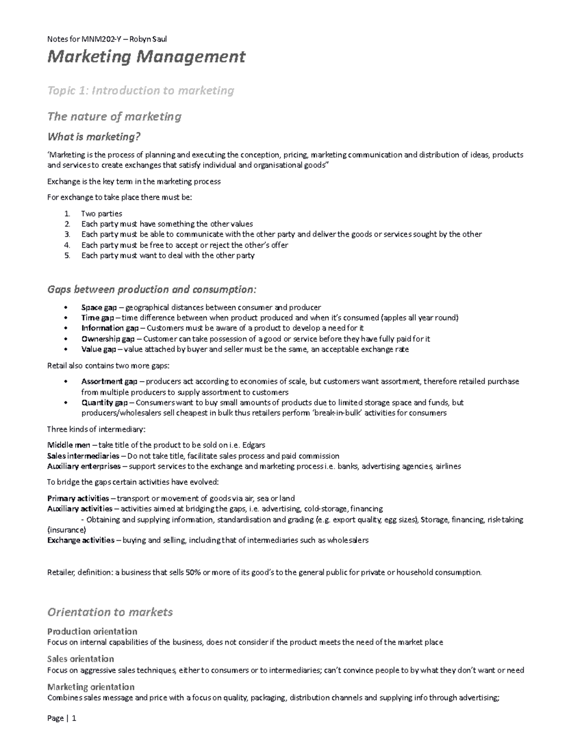 MNM2601-notes - Marketing Management Topic 1: Introduction to marketing ...