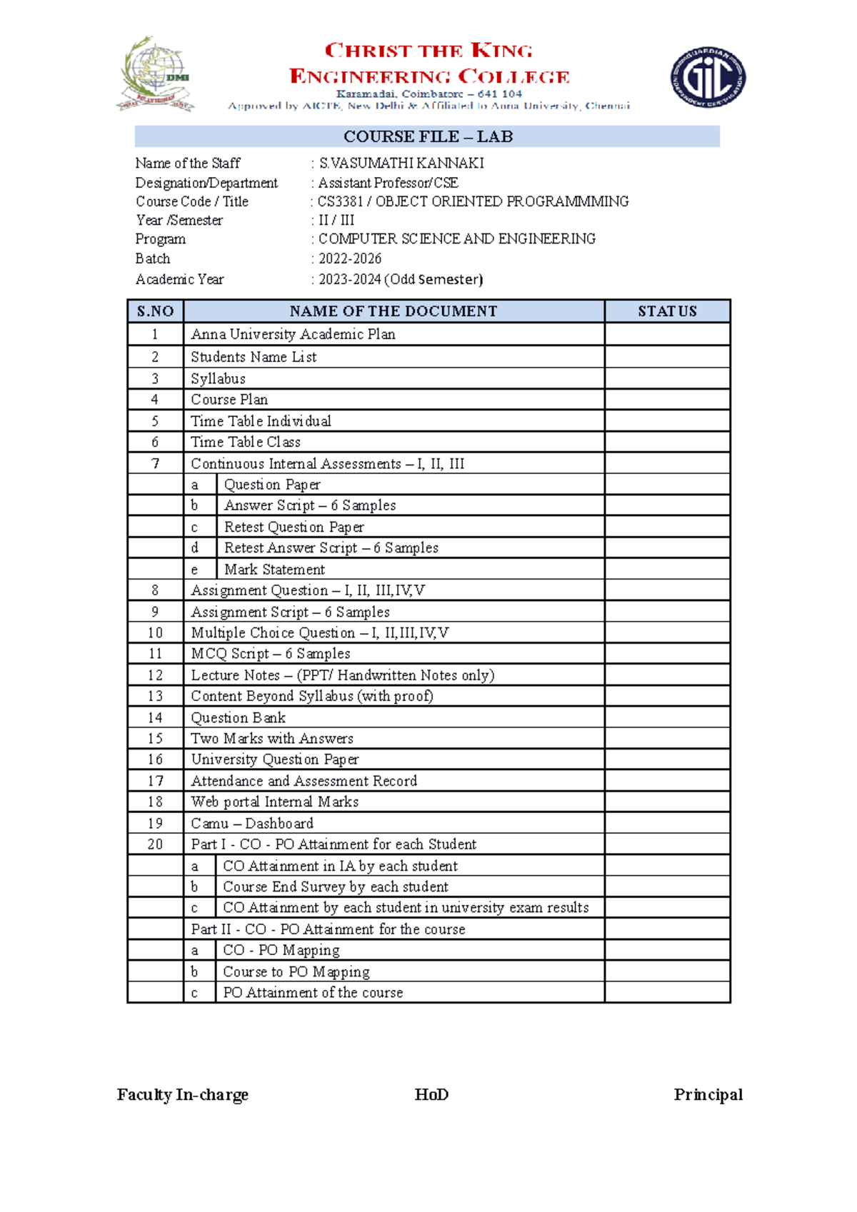 Course File Contents OOPs lab - COURSE FILE – LAB Name of the Staff : S ...