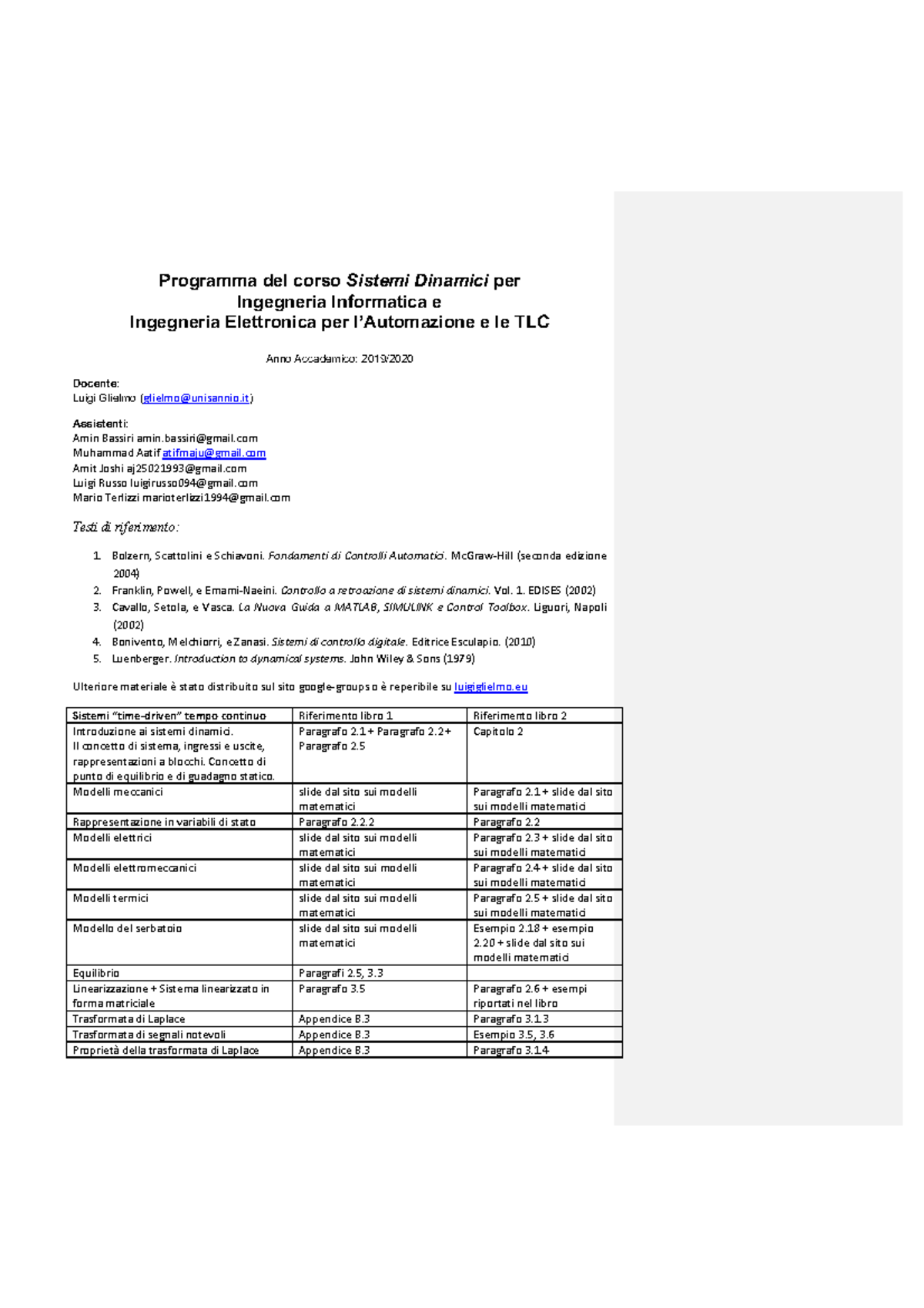Programma Sistemi Dinamici 2019 2020 - Warning: TT: undefined function: 32 Programma del corso ...