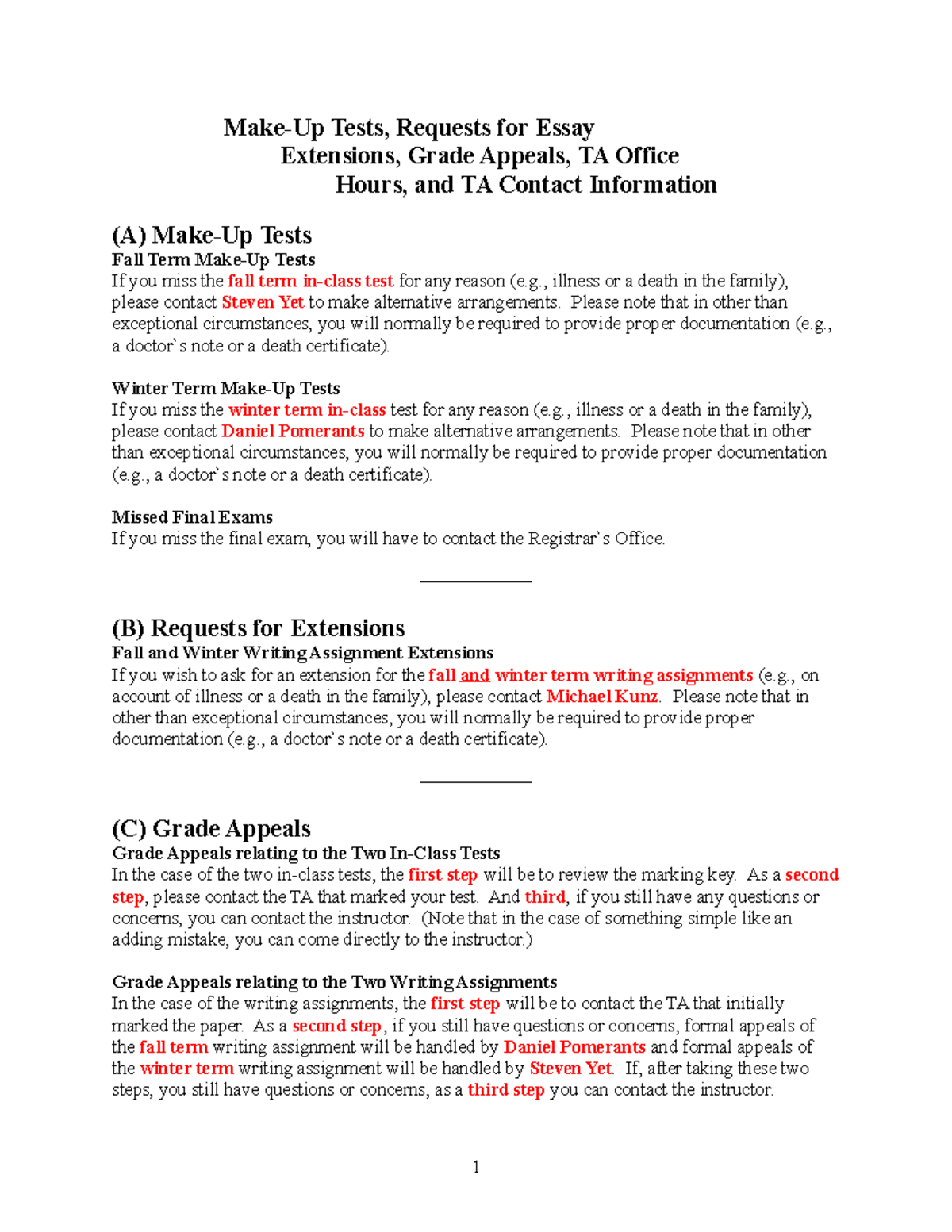 POL208 TA Information For Students - Make-Up Tests, Requests for Essay ...
