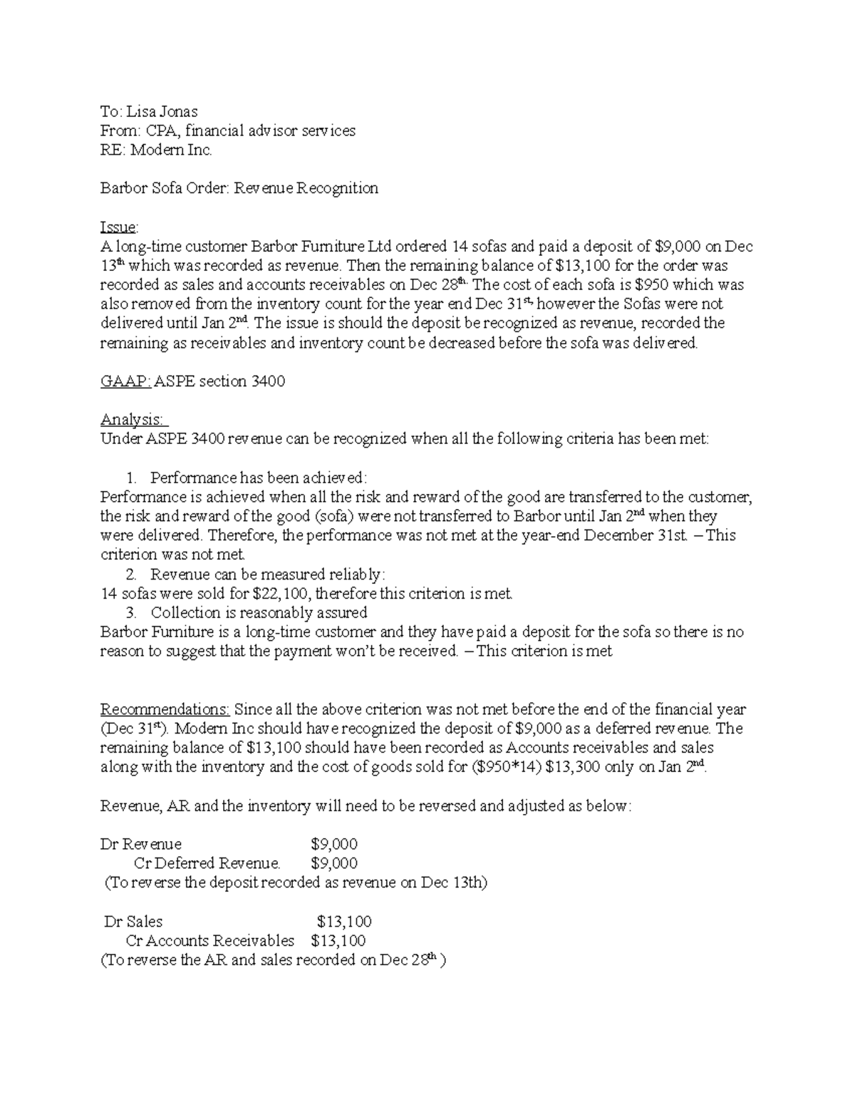 Integrated Problem Unit 1 - To: Lisa Jonas From: CPA, financial advisor ...