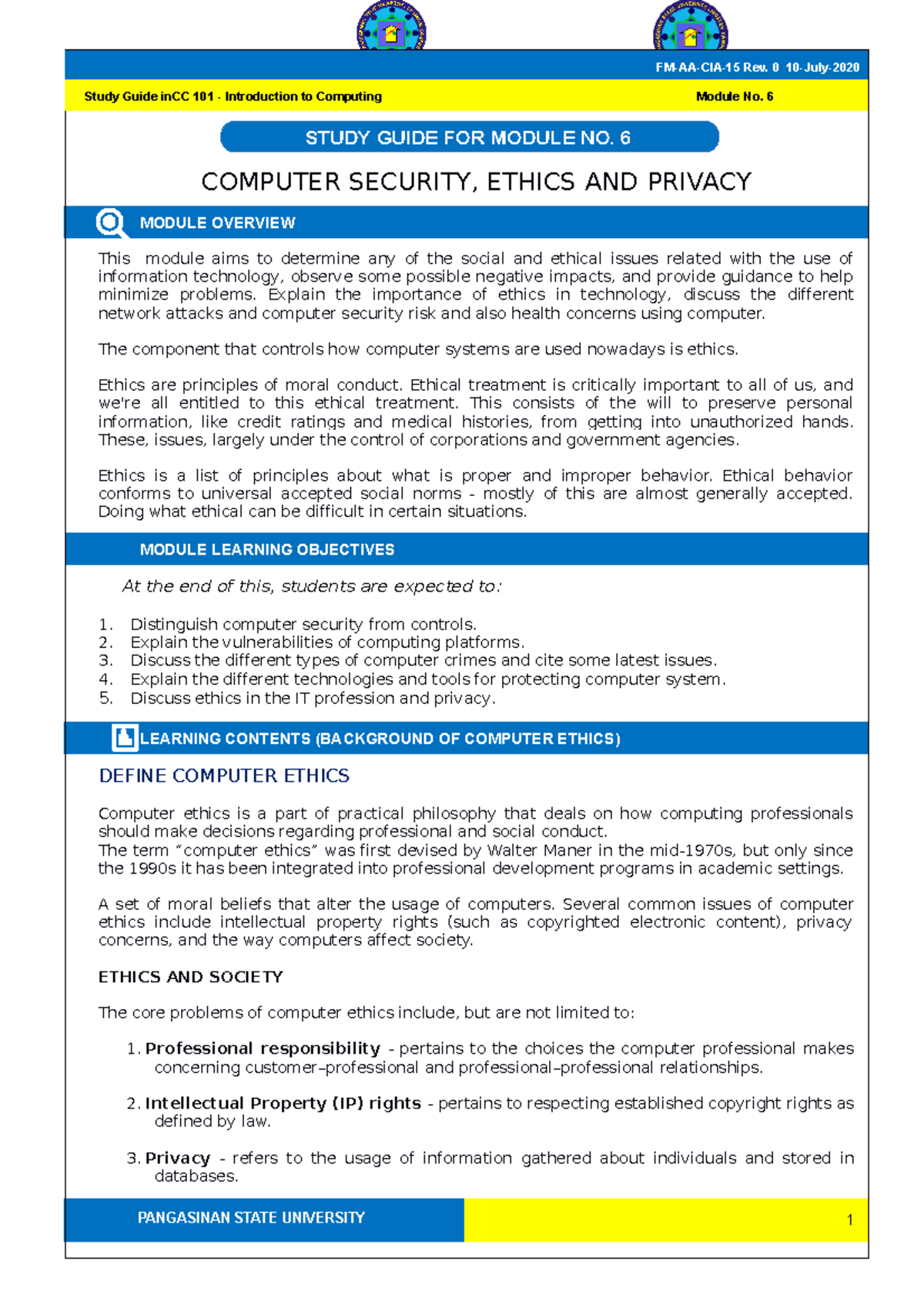 FM AA CIA 15 CC 101 Study Guide 6 Final - PANGASINAN STATE UNIVERSITY Study Guide inCC 101 ...