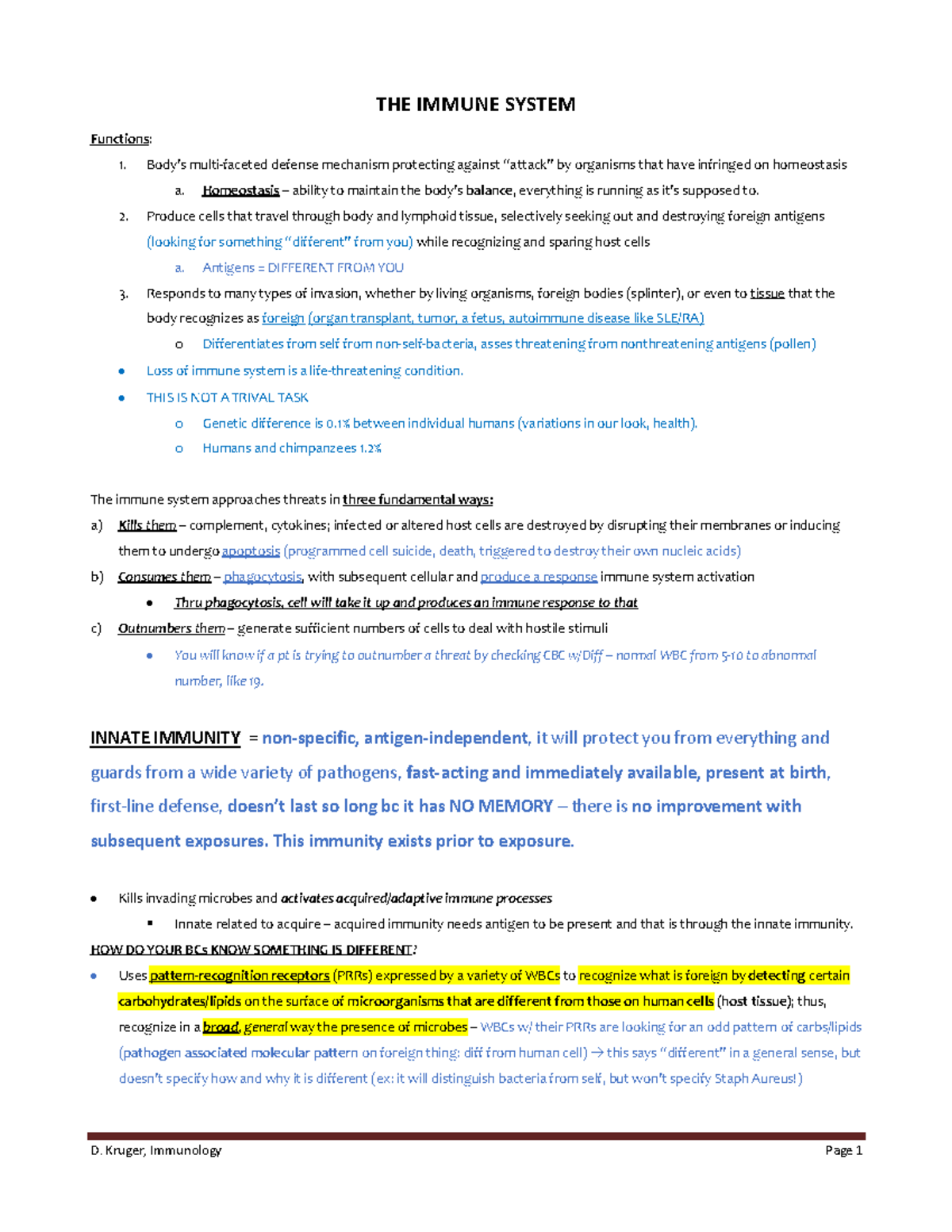 Lecture 1 - Intro to Immunology - THE IMMUNE SYSTEM Functions: 1. Body ...