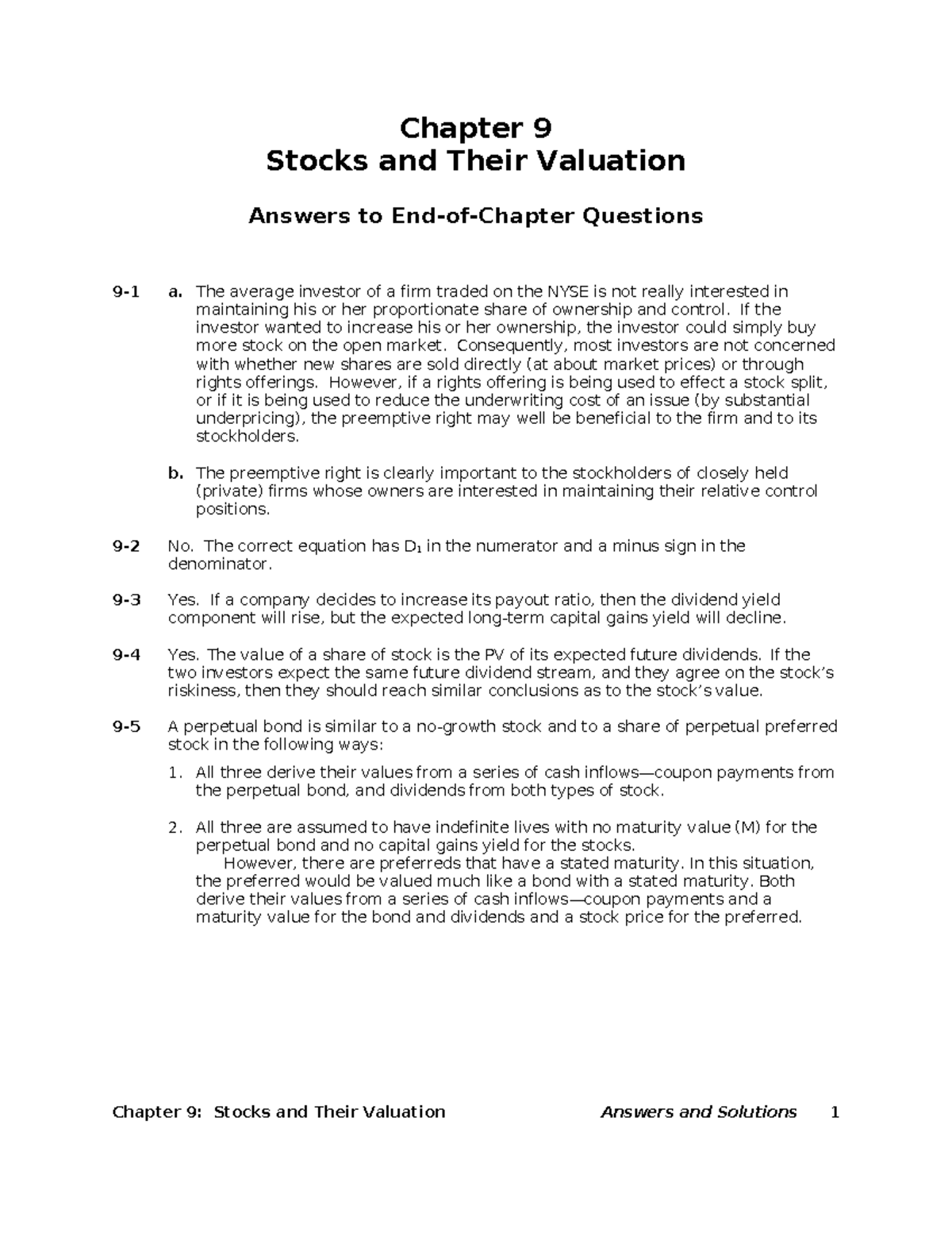 Chapter 9 Bond and valuation - Chapter 9 Stocks and Their Valuation Answers to End-of-Chapter ...