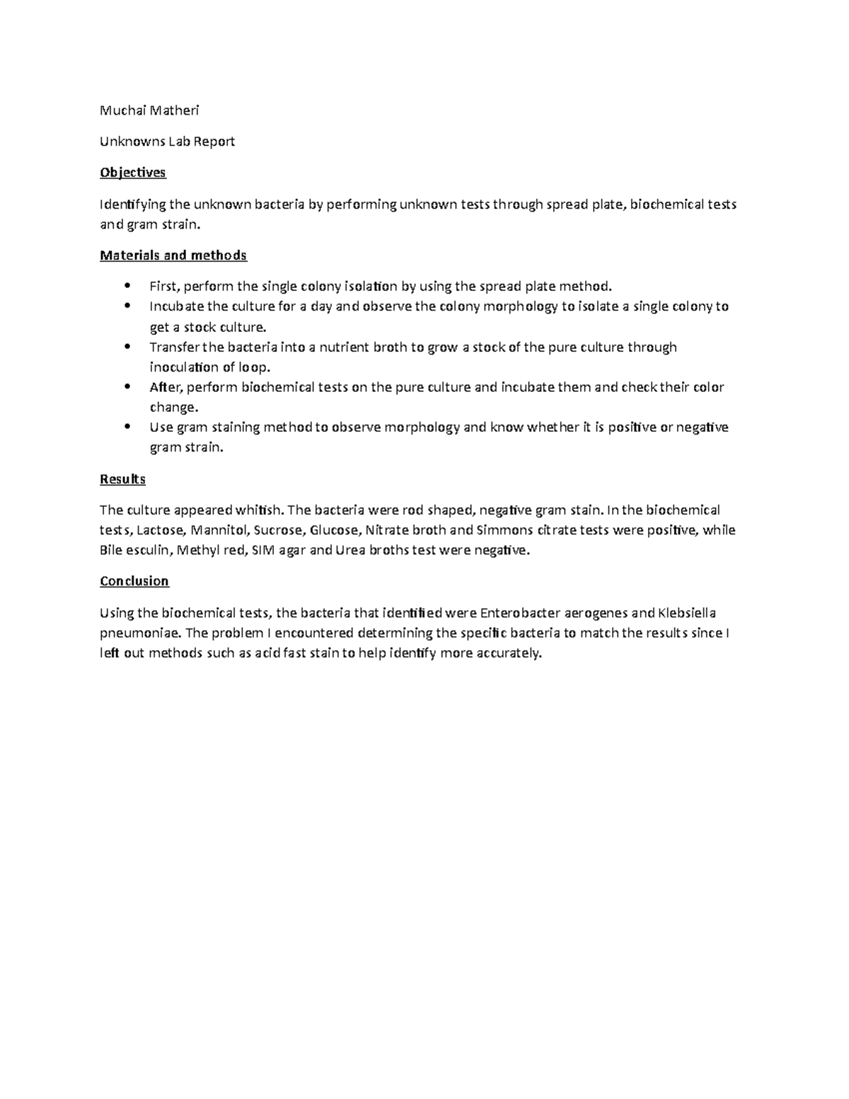 Unknowns Lab Report - Muchai Matheri Unknowns Lab Report Objectives ...