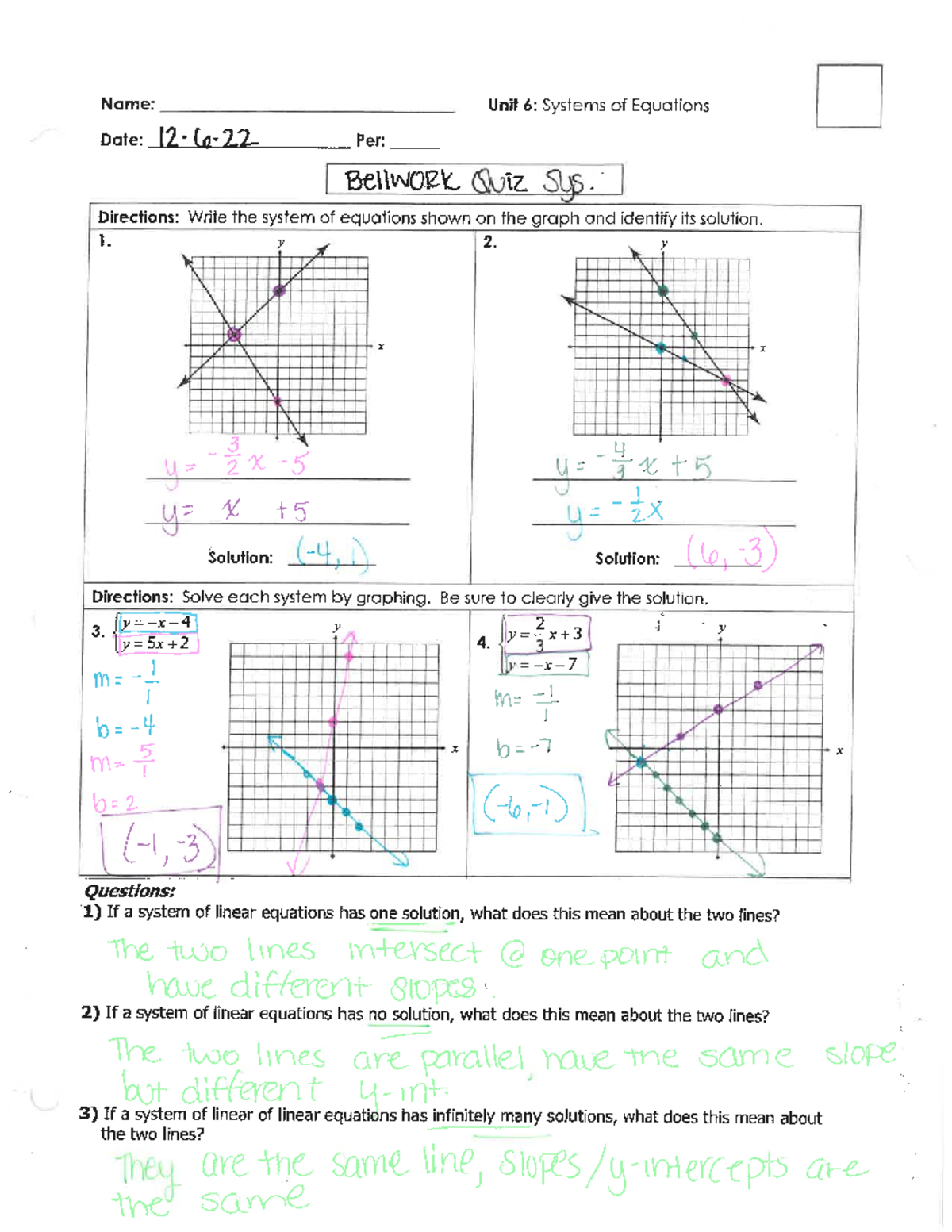 Systems Graphing Practice - Name: Unit 6: Systems of Equations Date: 12.6 Per: Bellwork Quiz Sys ...