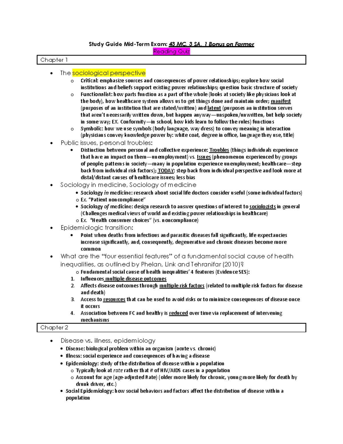 Summary - all lectures - Study Guide Mid-Term Exam: 43 MC, 3 SA, 1 ...