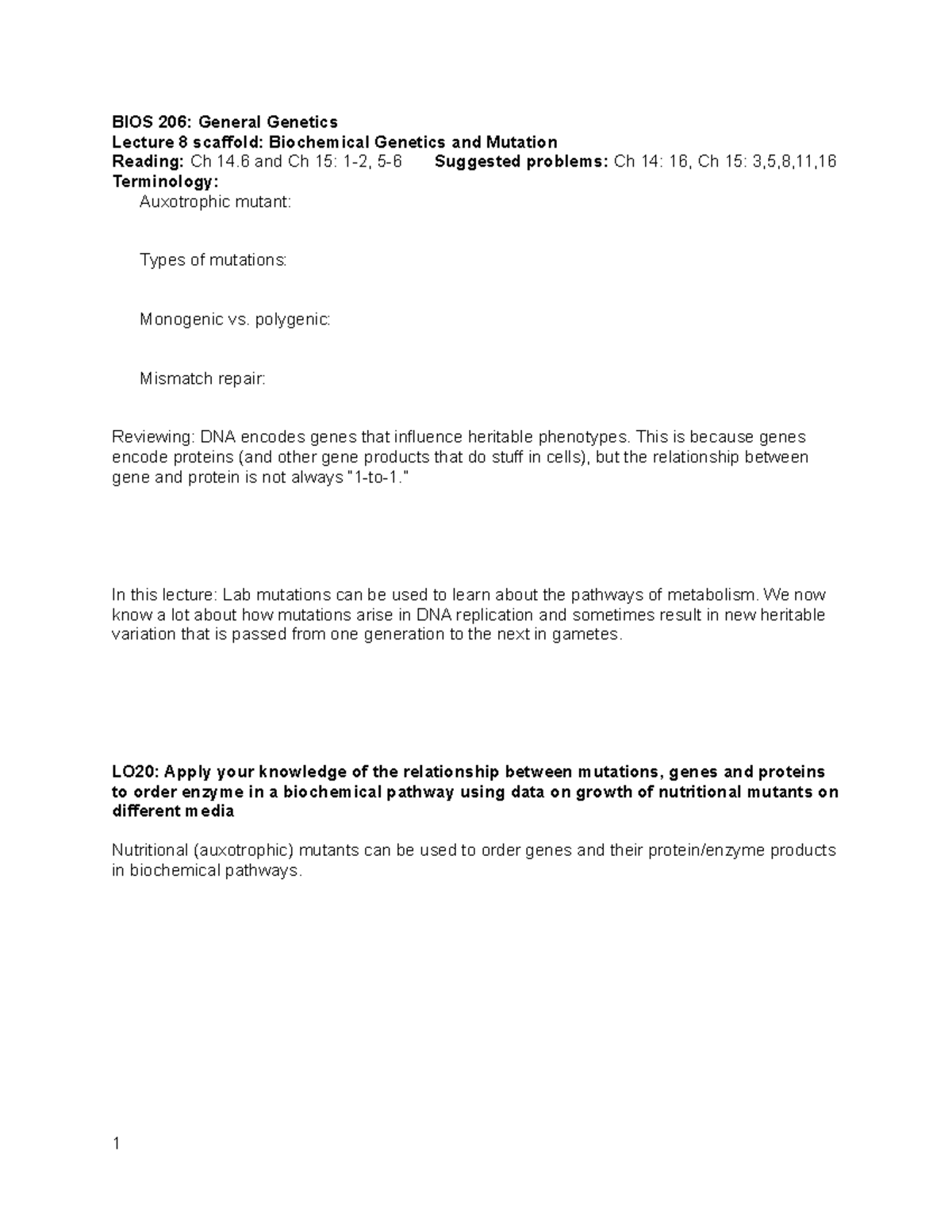 Genetics Lec8 Note Scaffold - BIOS 206: General Genetics Lecture 8 ...