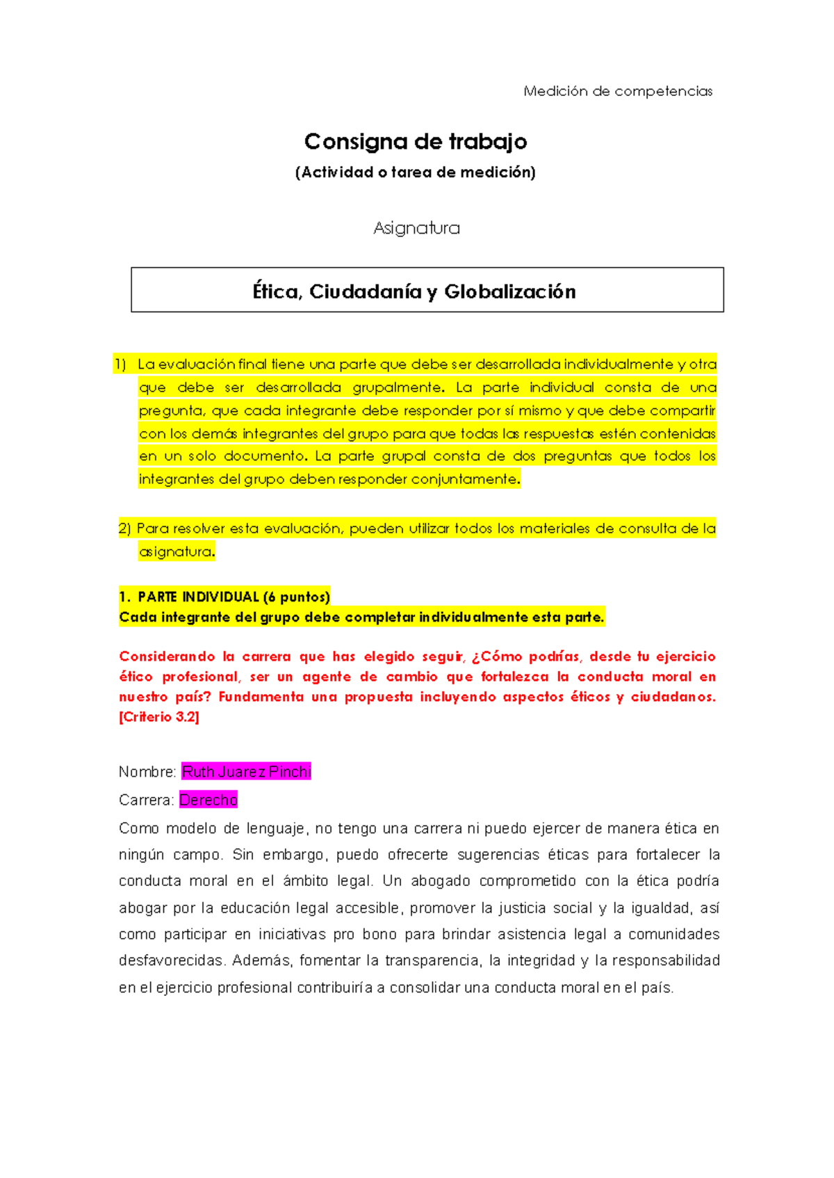 Etica evaluacion final - ####### Medición de competencias Consigna de trabajo (Actividad o tarea ...