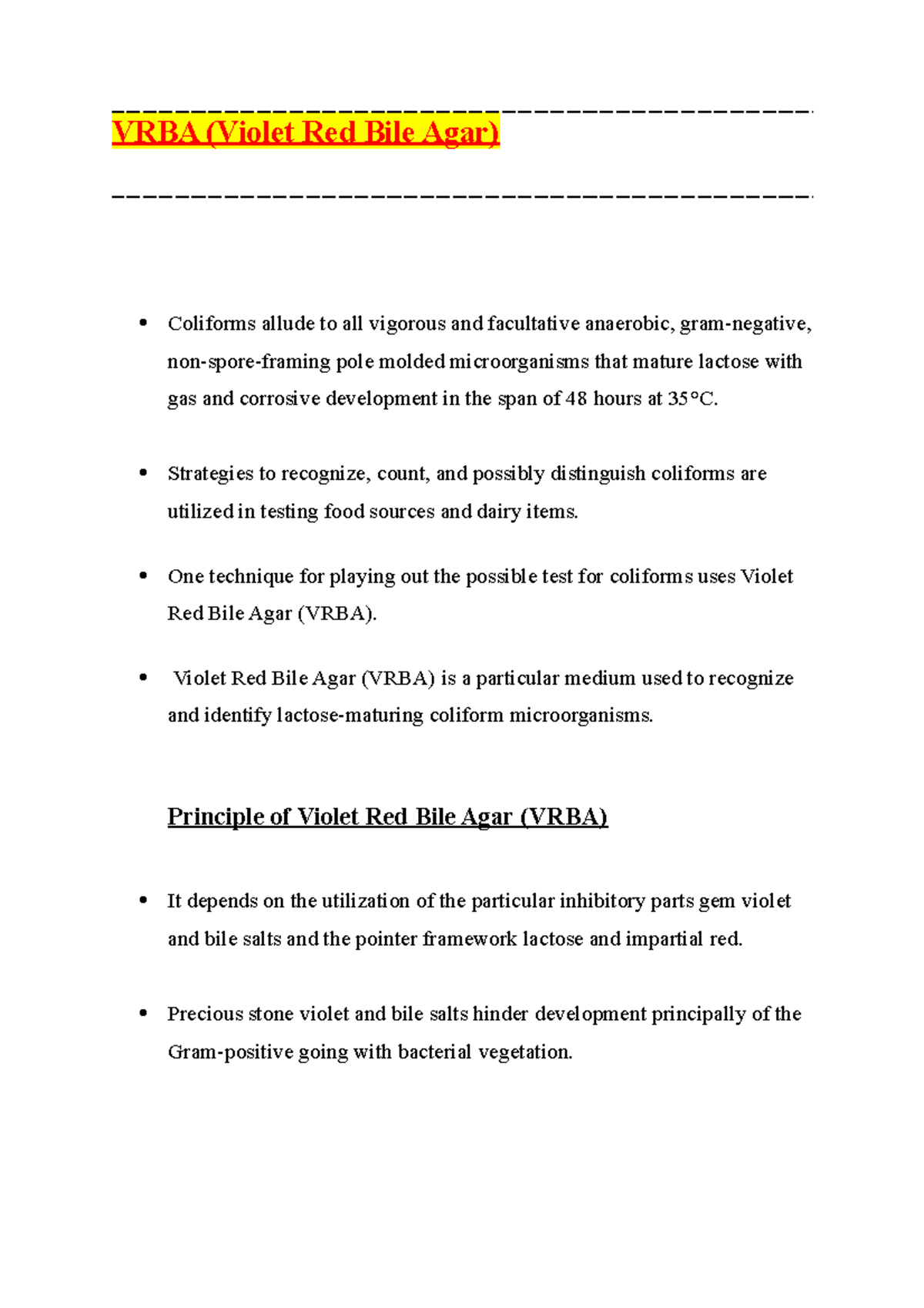 VRBA (Violet Red Bile Agar) - VRBA ( Violet Red Bile Agar) Coliforms allude to all vigorous and ...