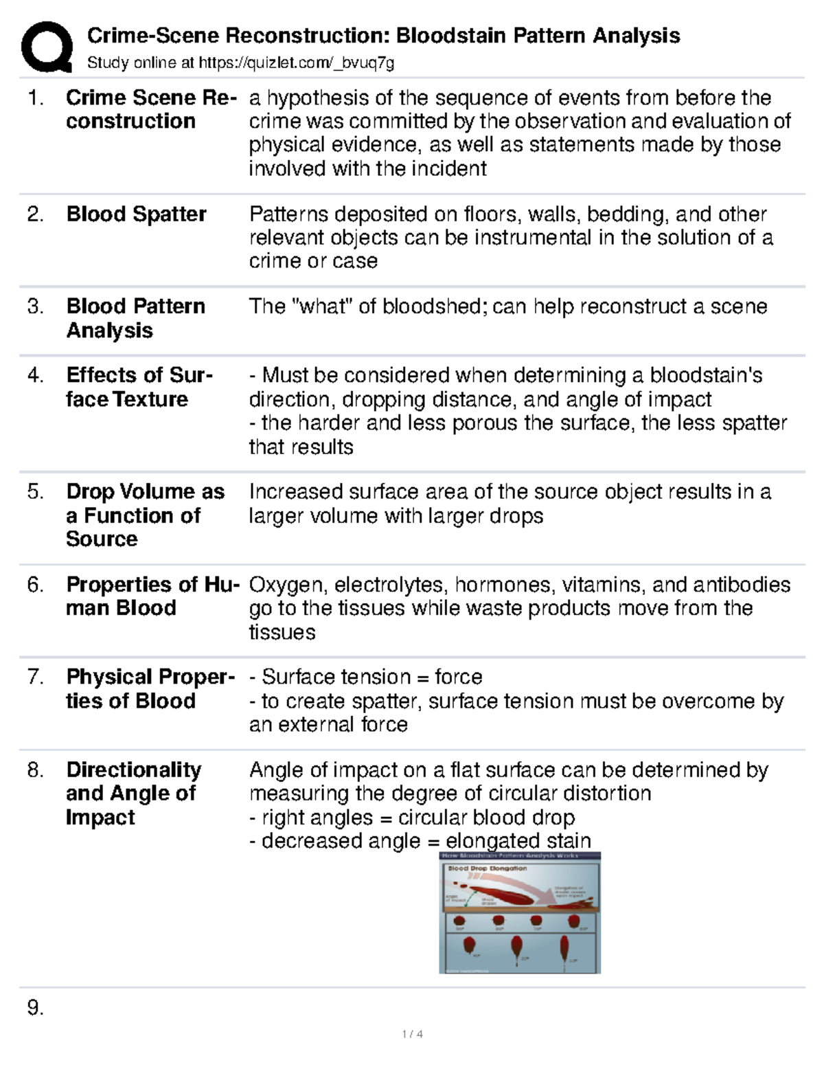 Flashcards - Bloodstain Pattern Analysis - Study online at quizlet/_bvuq7g Crime Scene Re- - Studocu