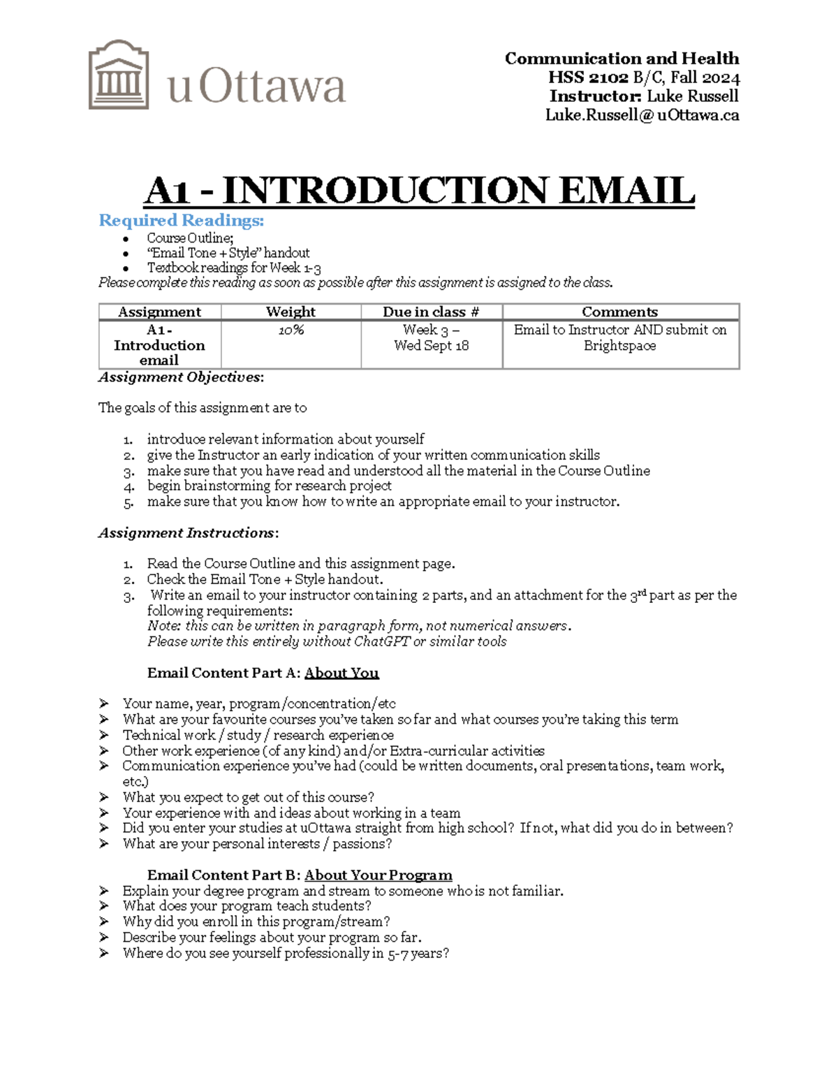A1 - Introduction Email Assignment - F24 - Communication and Health HSS ...