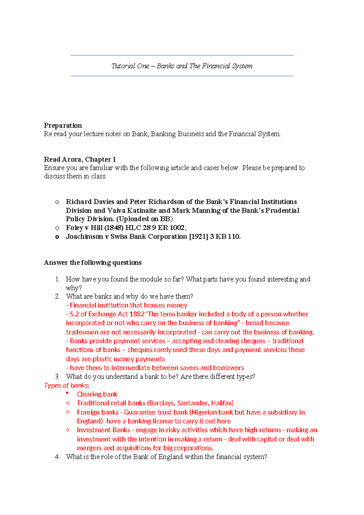 Banking Law Tutorial 1 - Banks and The Financial System - Tutorial One ...