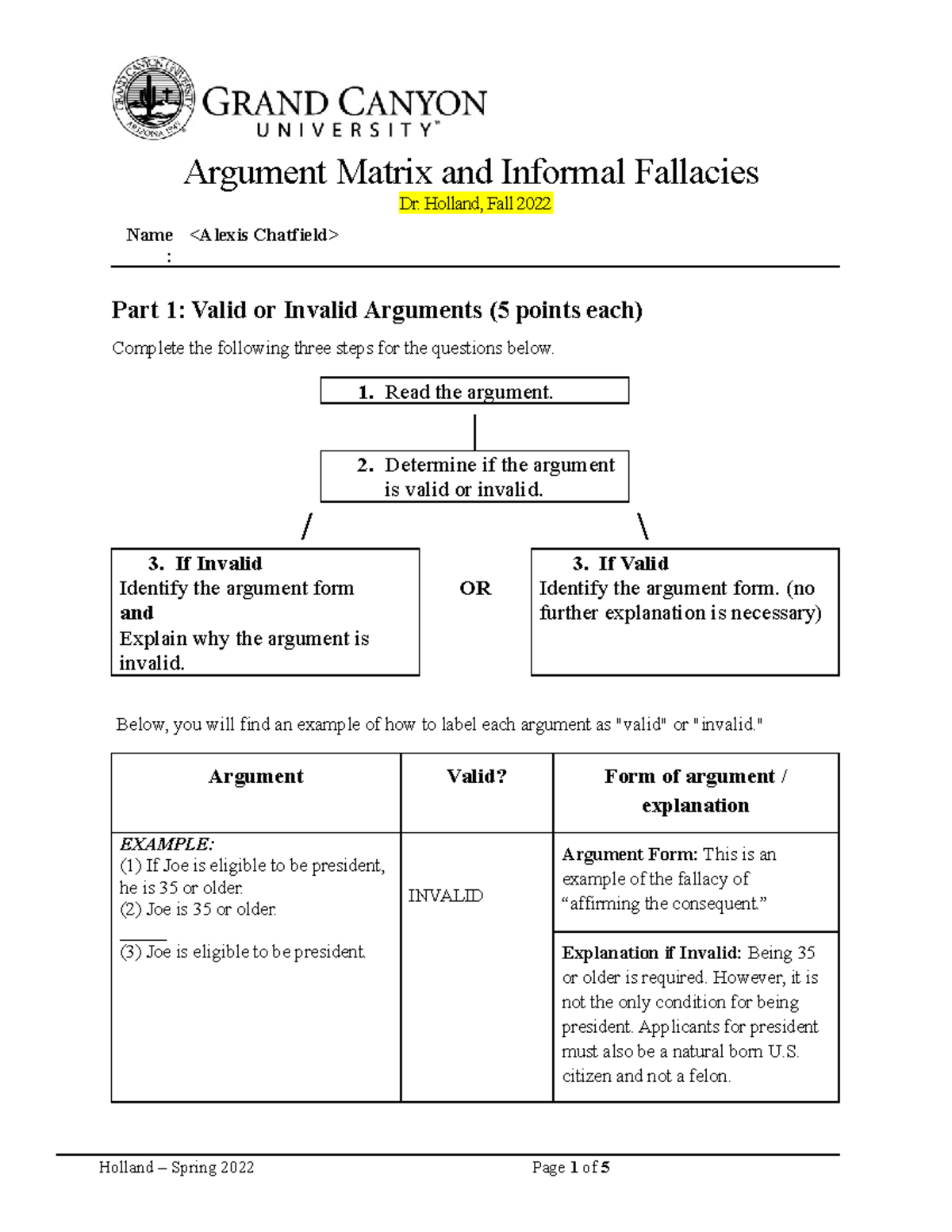 Alexis Chatfield-Argument Matrix - Argument Matrix and Informal Fallacies Dr. Holland, Fall 2022 ...