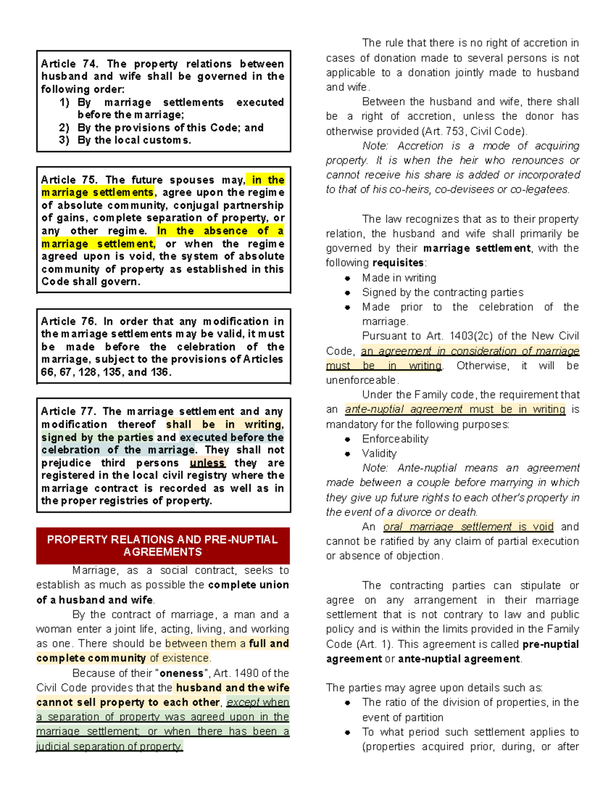 PFR-74-98 - Persons and Family Law - Article 74. The property relations ...