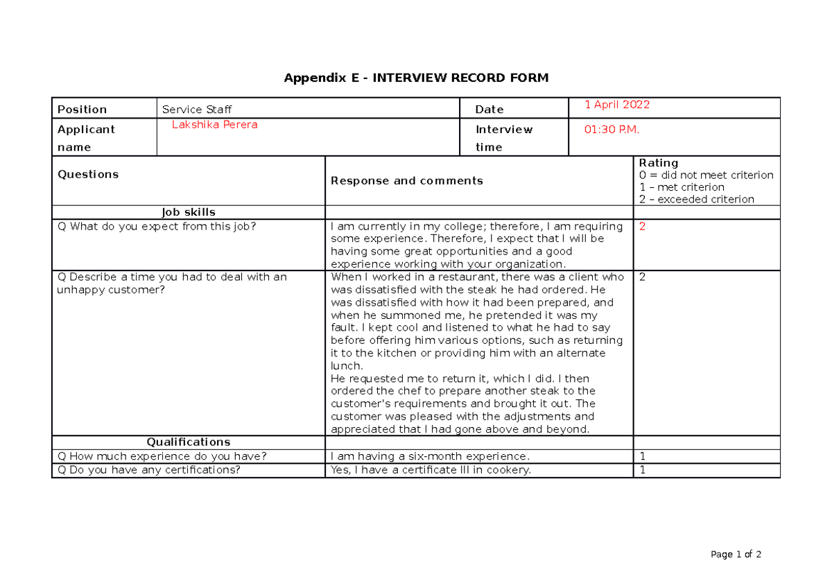 Sitxhrm 004 Appendix E Interview Record Form - Lakshika Perera ...