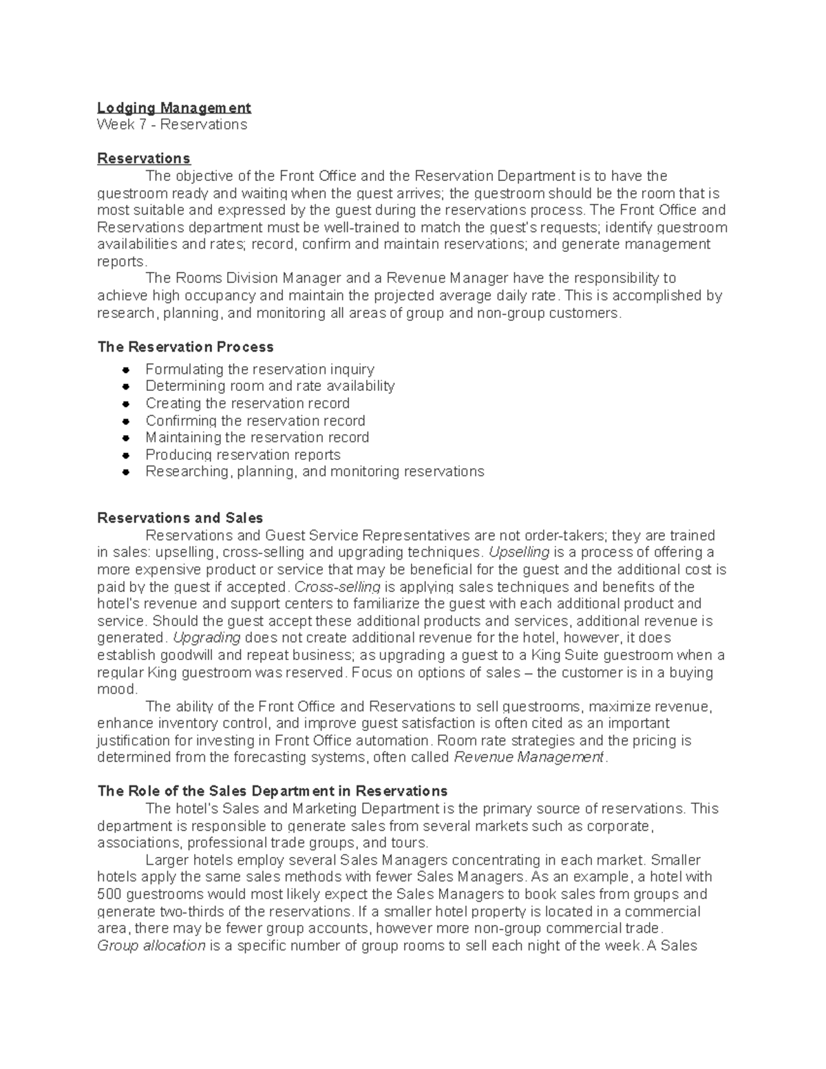 LM Week 7 Notes - Lodging Management Week 7 - Reservations Reservations ...