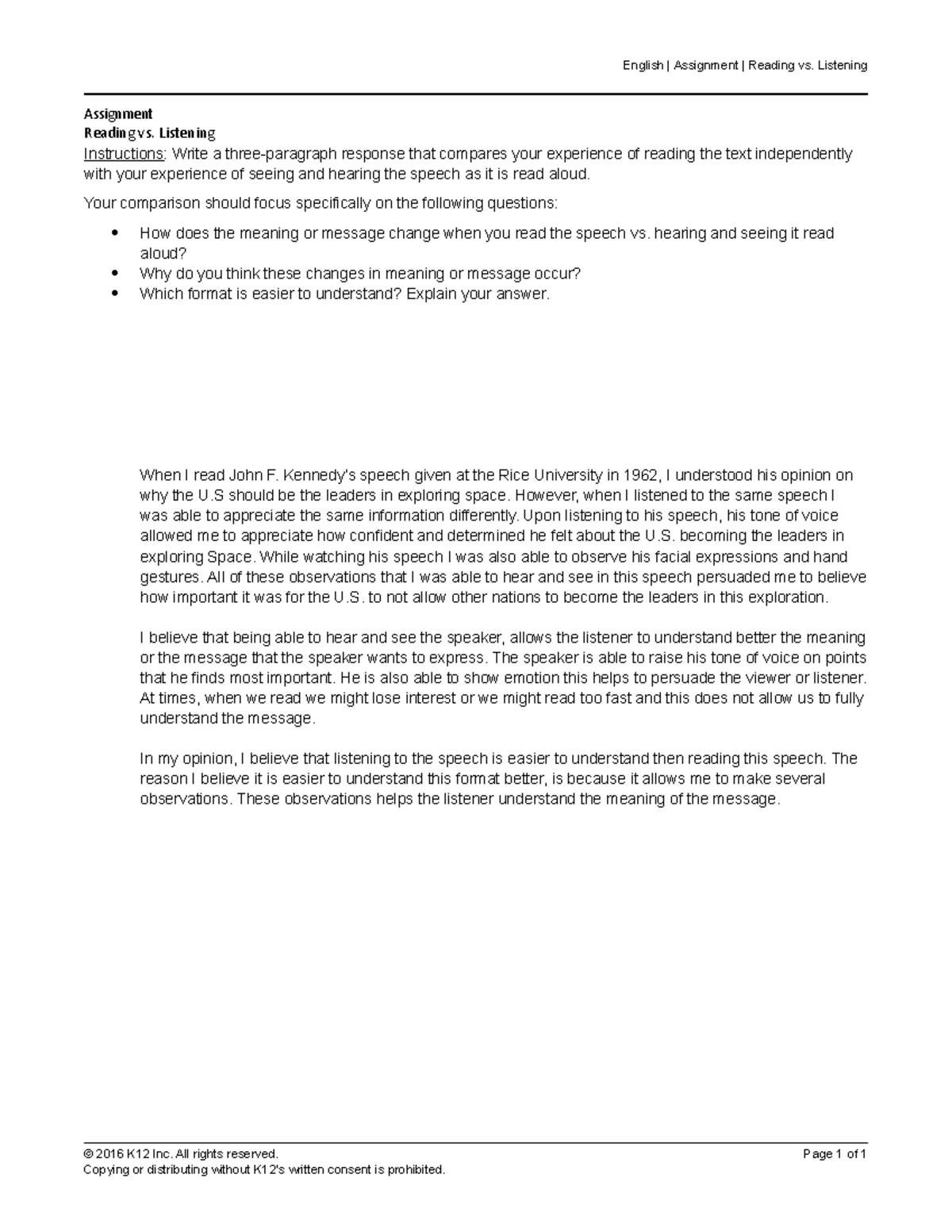 LA TGA 1 - LA TGA 1 - English | Assignment | Reading vs. Listening ...