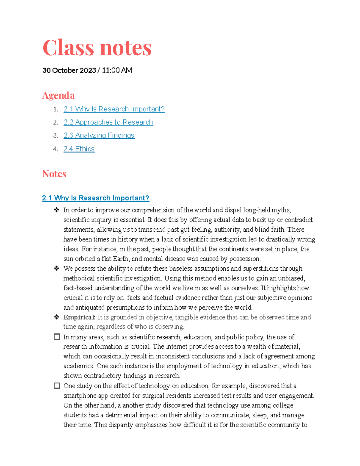 Classnotes - Class note for Chapter Outline 2.1 Why Is Research ...