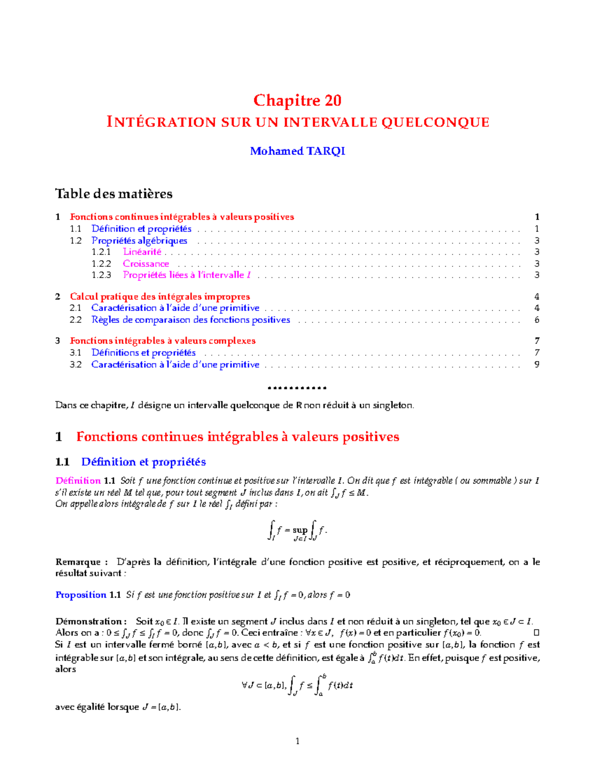 INTÉGRATION SUR UN INTERVALLE QUELCONQUE - Chapitre 20 INTÉGRATION SUR UN INTERVALLE QUELCONQUE ...