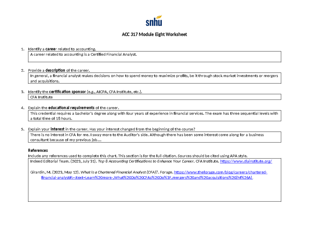 ACC 317 Module Eight Worksheet - ACC 317 Module Eight Worksheet Identify a career related to ...