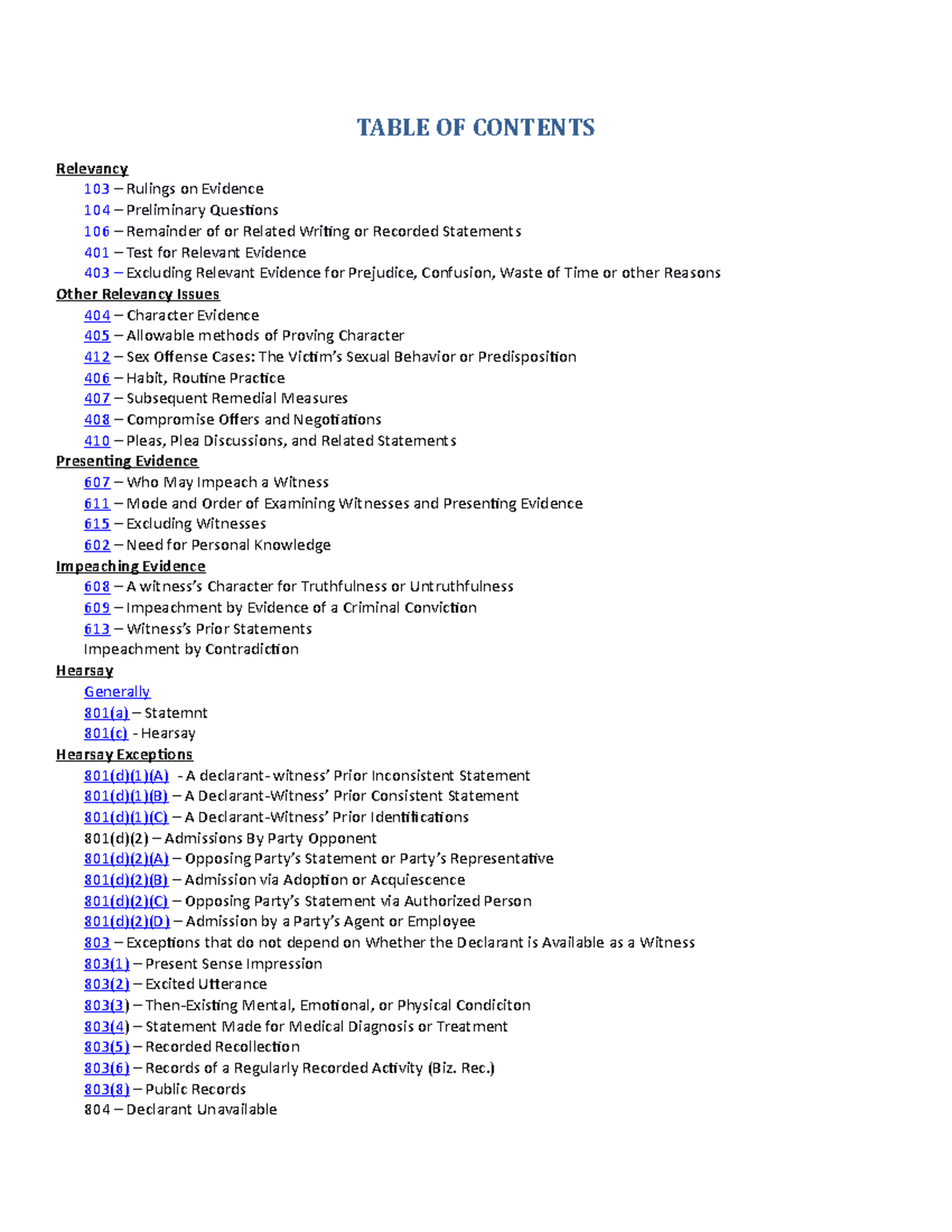 Outline and Rules - Evidence Law - TABLE OF CONTENTS Relevancy 103 ...