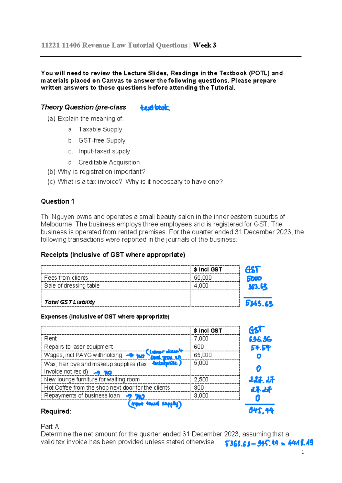 W3 Tutorial - 11221 11406 Revenue Law Tutorial Questions | Week 3 You ...