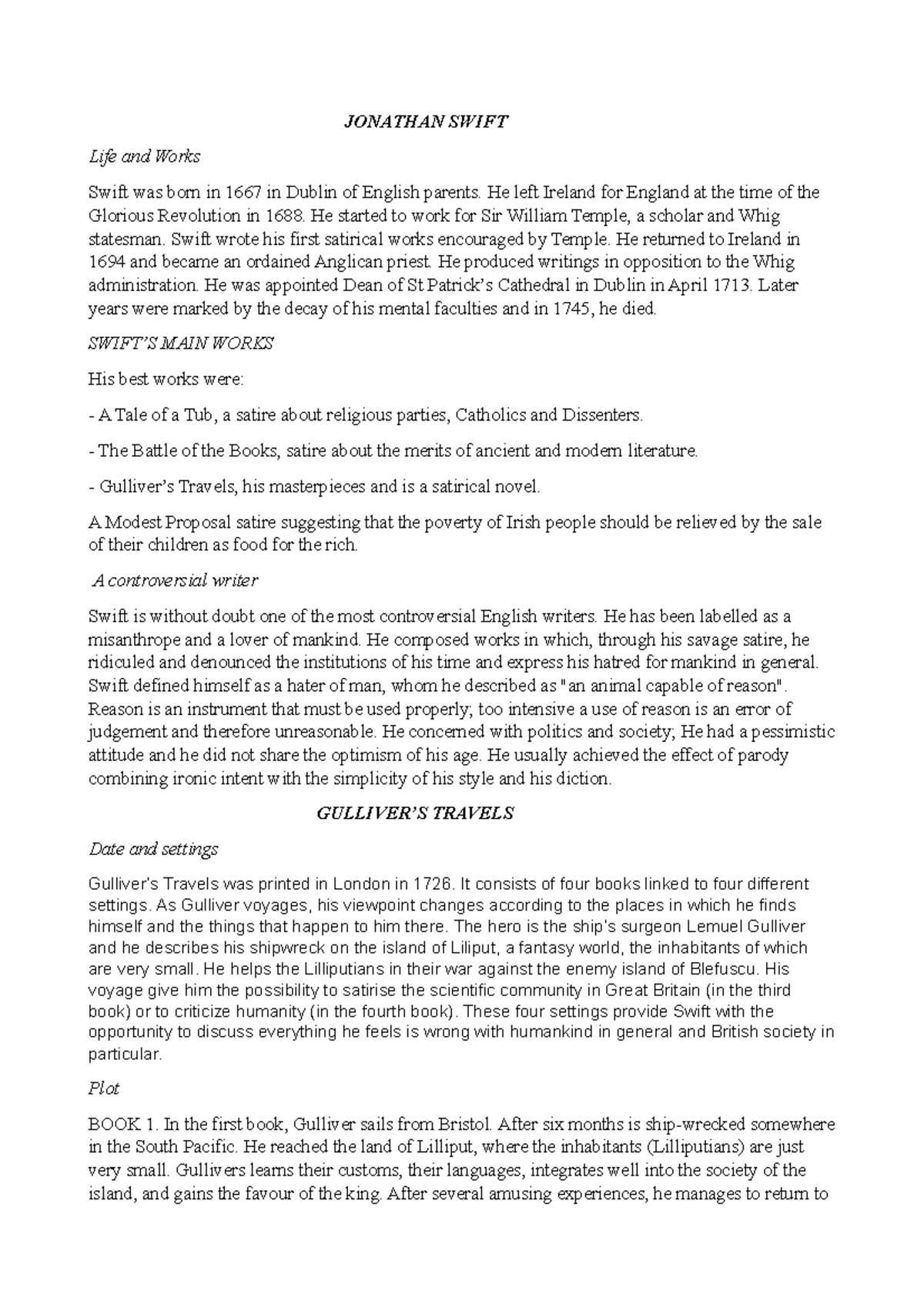 vita e opere di Jonathan Swift - Studocu