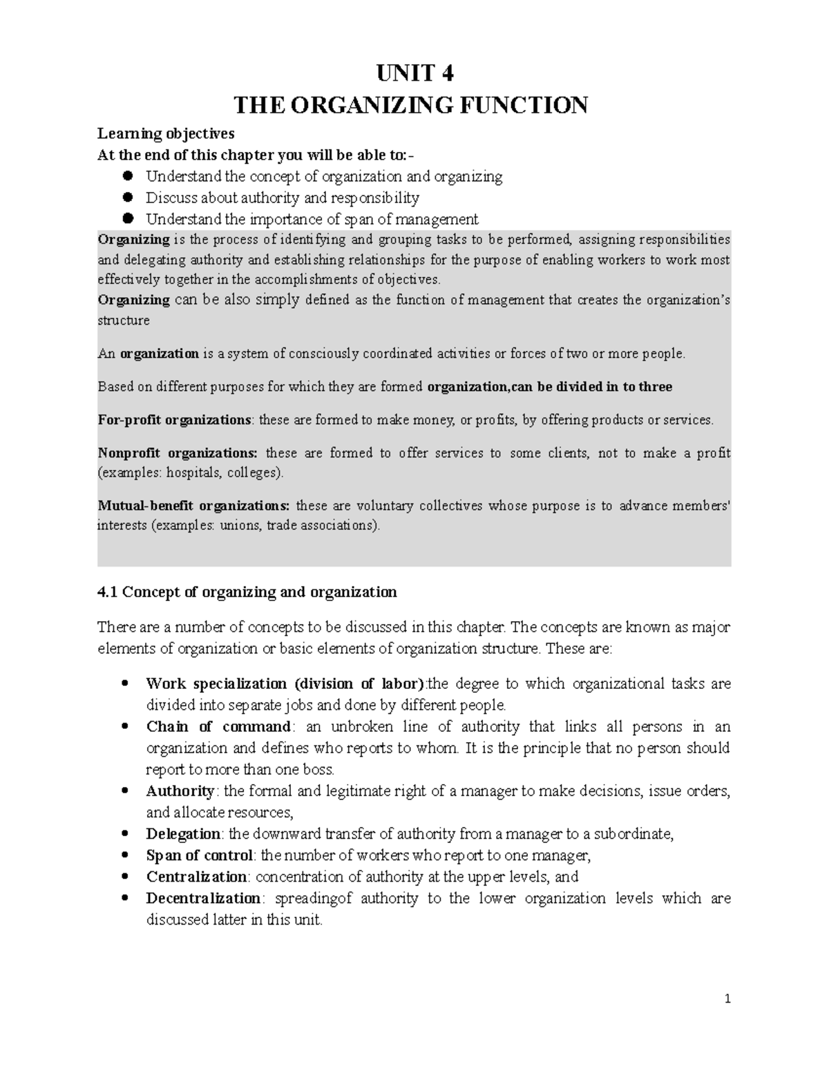 Organizing - UNIT 4 THE ORGANIZING FUNCTION Learning objectives At the end of this chapter you ...