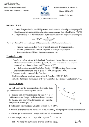 Examen Thermodynamique 1 S1 SMP, SMC, SMI, SMA - thermodynamics - pdf-cours - Studocu