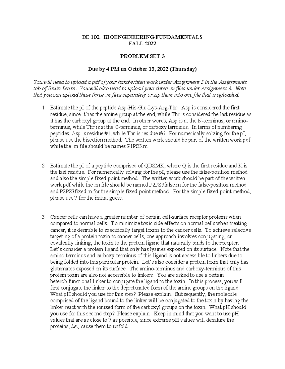 Problem-set-3 - Problem set with Student Work - BE 100. BIOENGINEERING ...