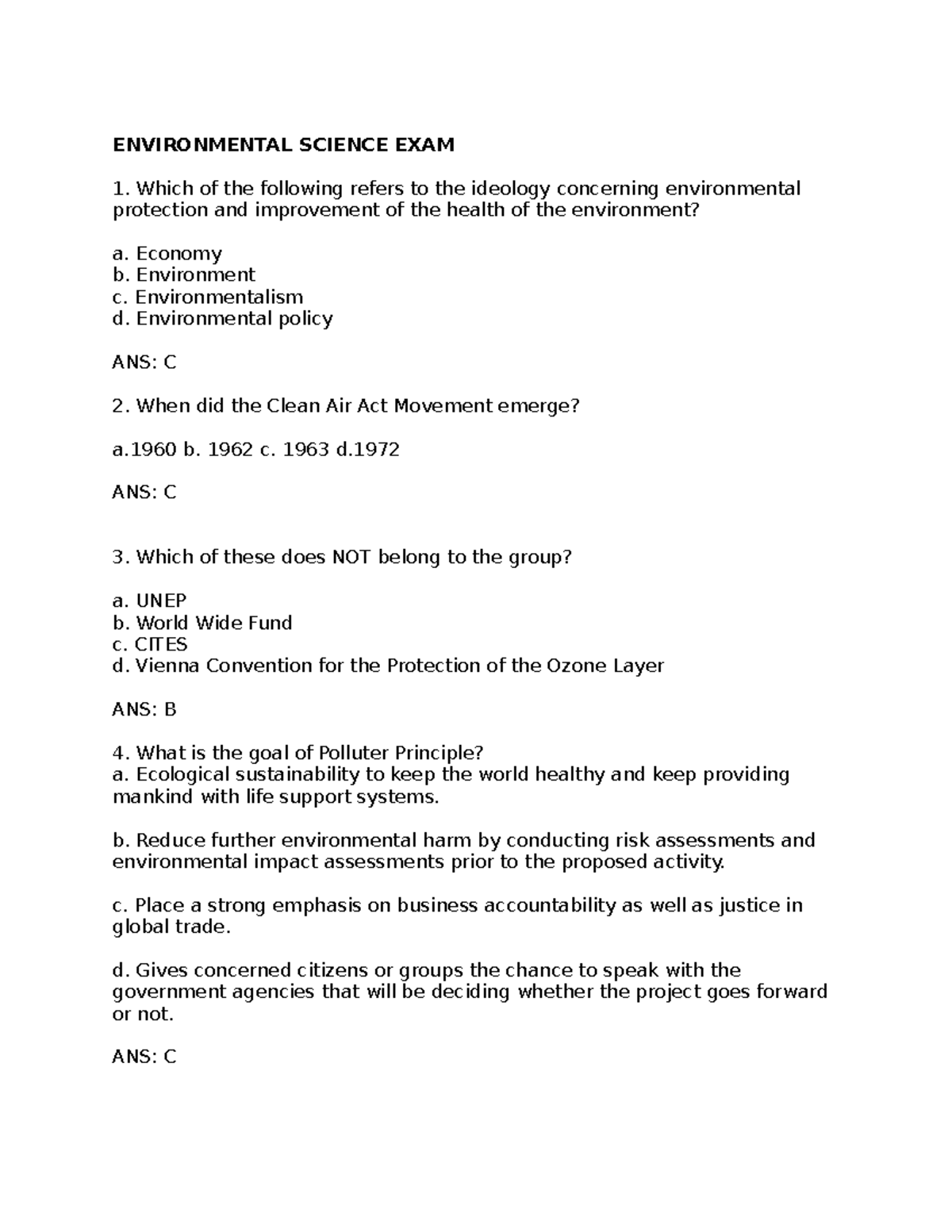 Environmental Science EXAM 5 - ENVIRONMENTAL SCIENCE EXAM Which of the ...