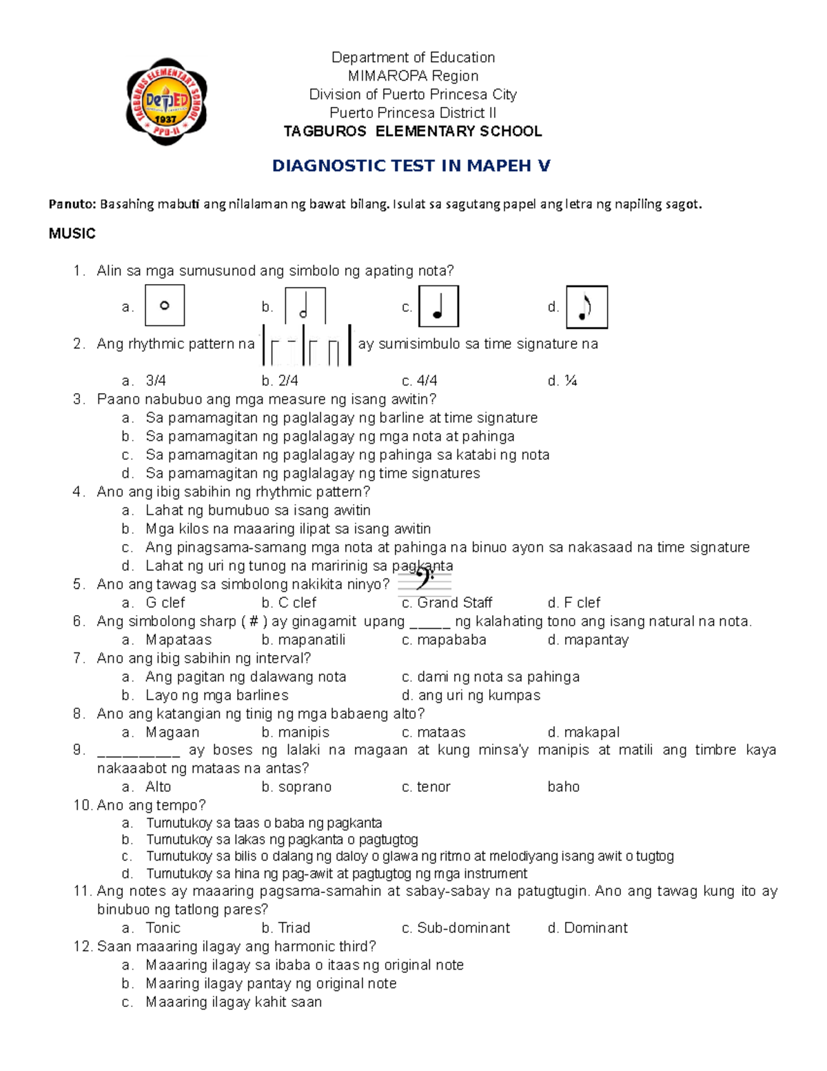 PRE-TEST Mapeh 5 - Department of Education MIMAROPA Region Division of ...