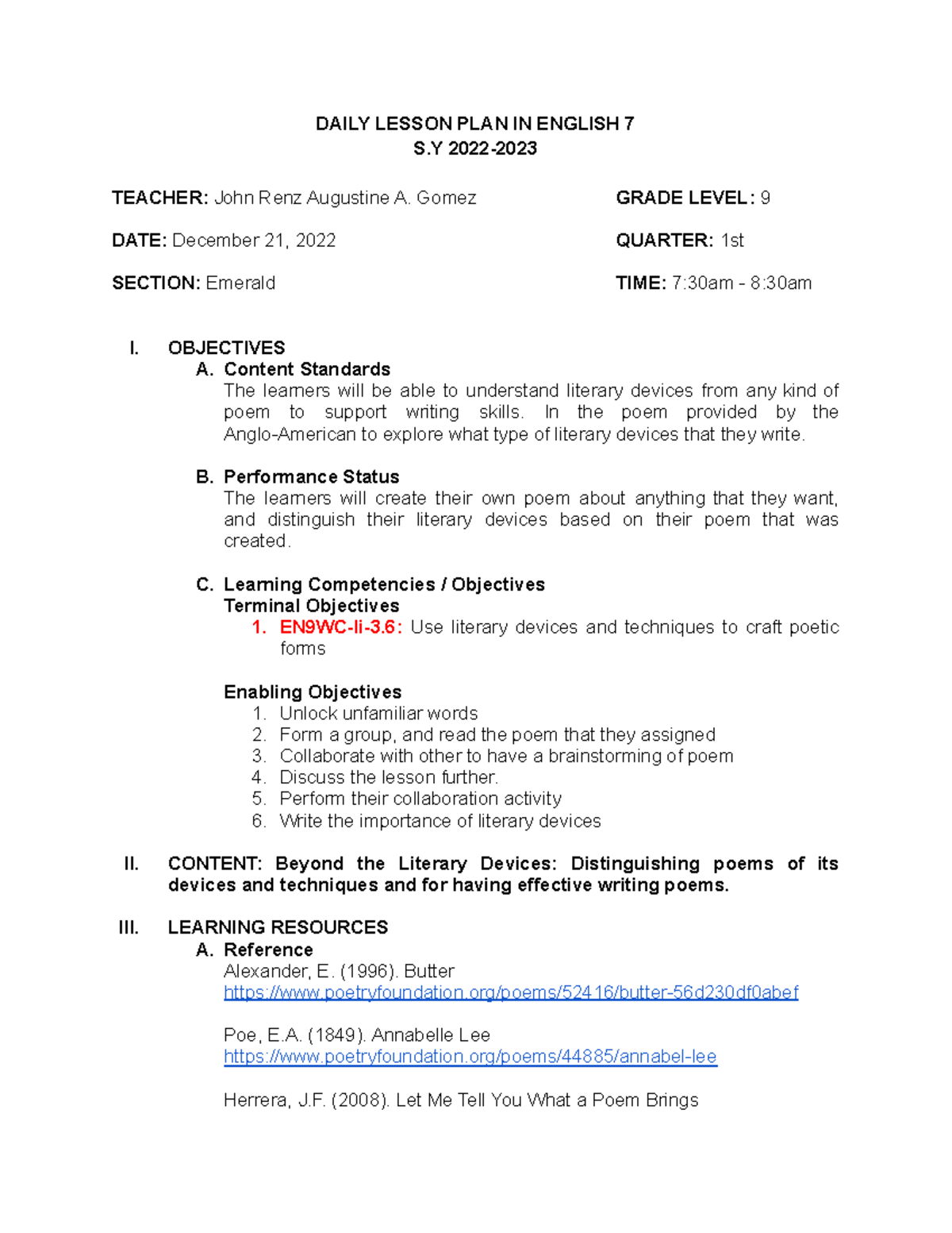 Gomez Daily Lesson PLAN IN English 9 Writing - DAILY LESSON PLAN IN ...