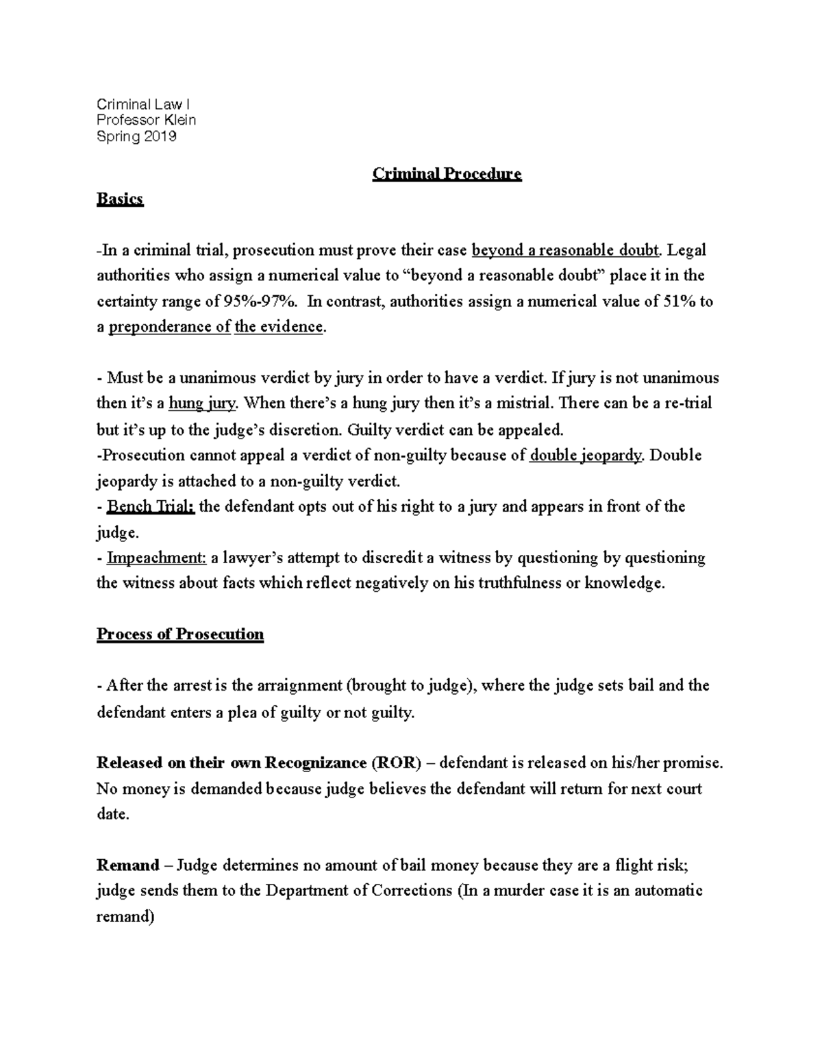 Process of Prosecution - Criminal Law I Professor Klein Spring 2019 ...