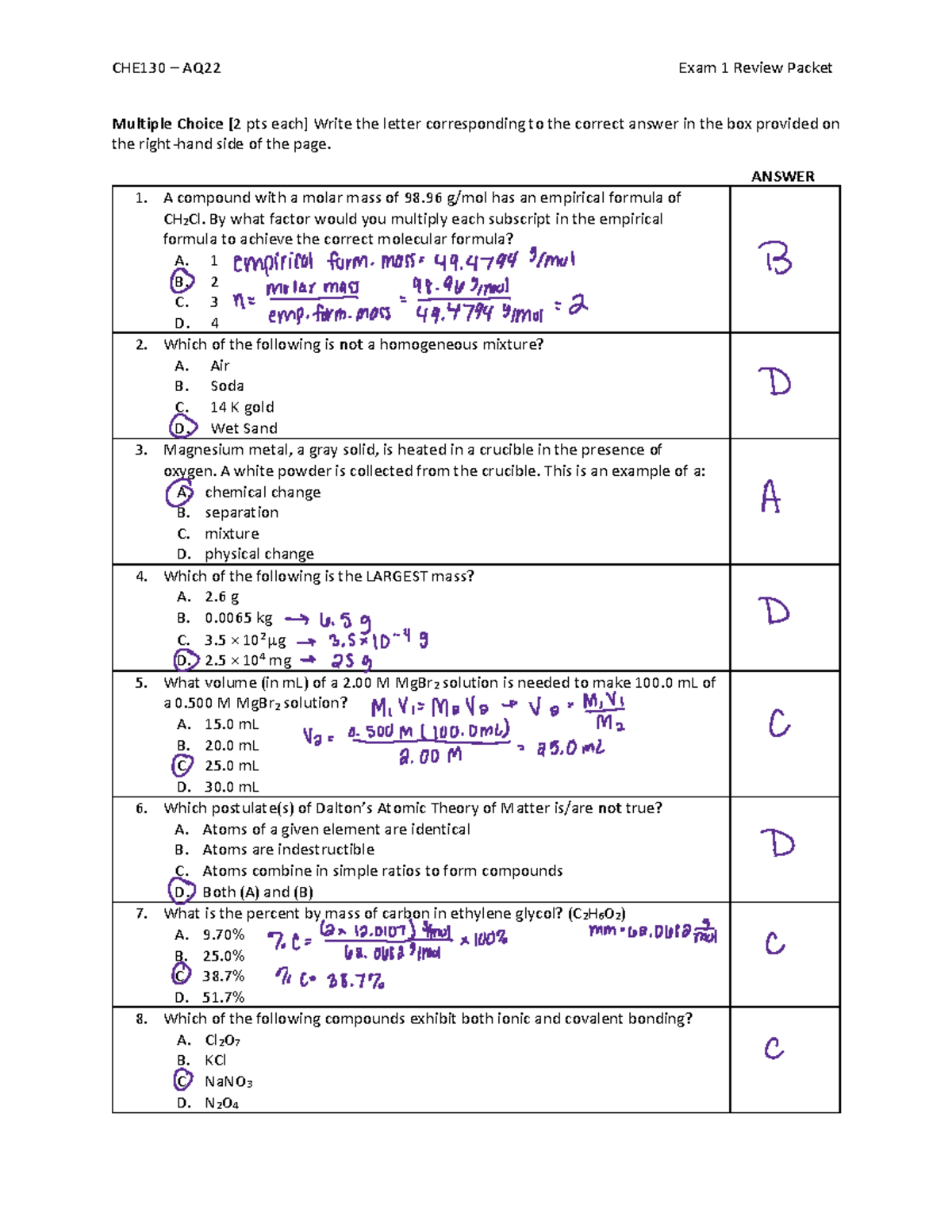Exam 1 Review Packet Key - Multiple Choice [2 pts each] Write the ...