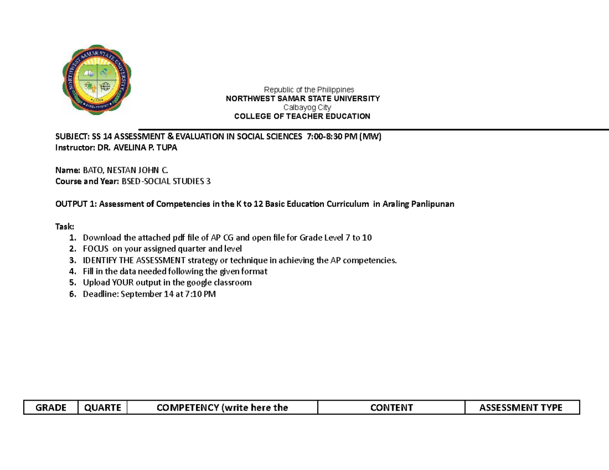 Output-1 -AP-10 -Quarter-1 BATO Nestanjohn C - Republic of the ...