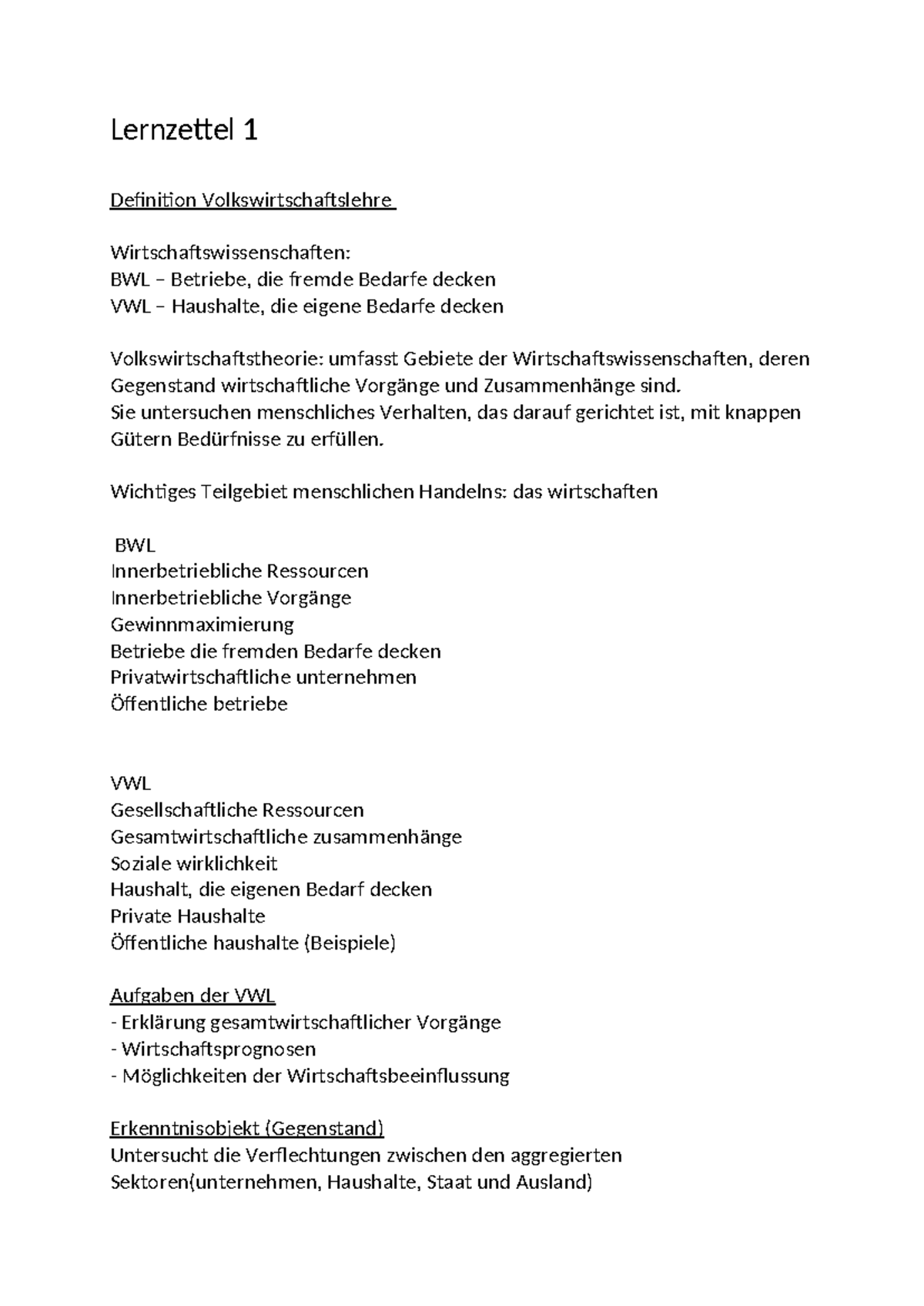 Lernzettel vwl Grundlagen - Lernzettel 1 Definition Volkswirtschaftslehre ...