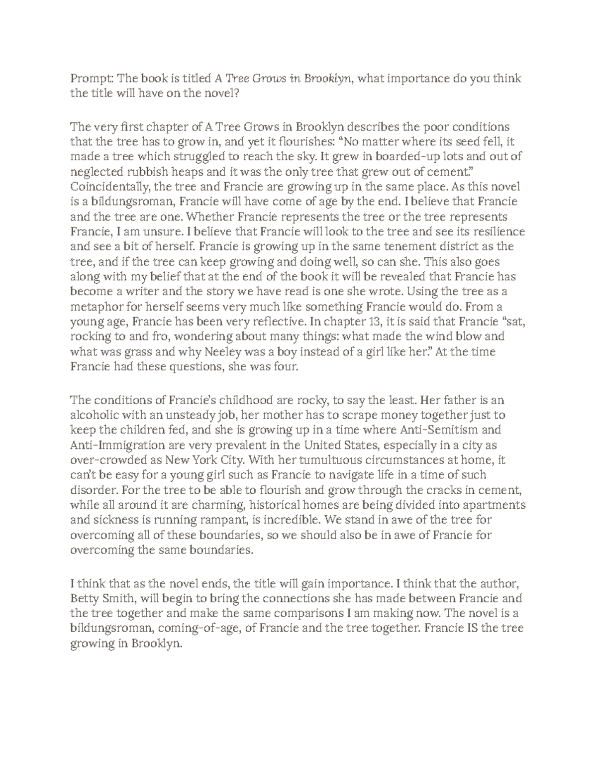 A Tree Grows in Brooklyn Blog Post #2 - Prompt: The book is titled A ...