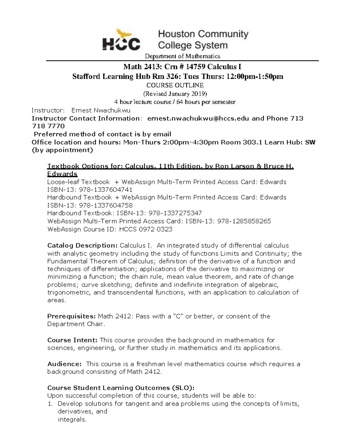 M2413 -14759-Fall2019 - Math 2413: Crn # 14759 Calculus I Stafford ...