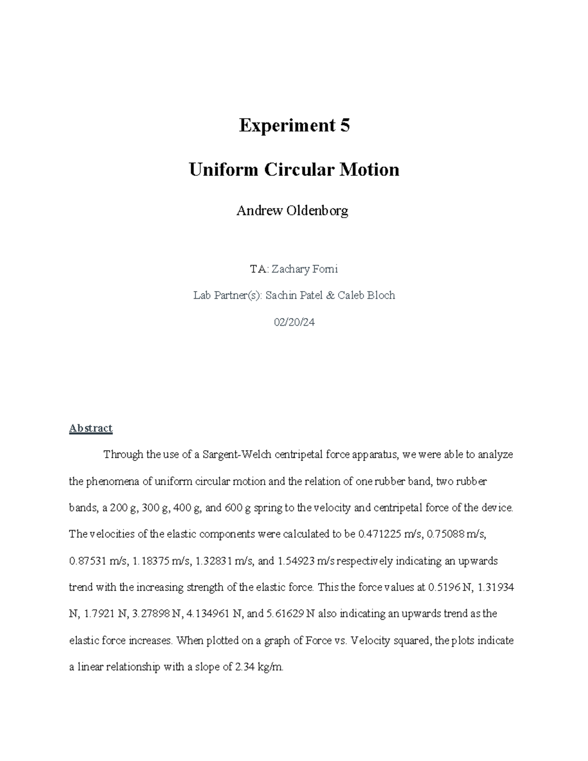 Physics Lab Experiment 5 - Experiment 5 Uniform Circular Motion Andrew ...