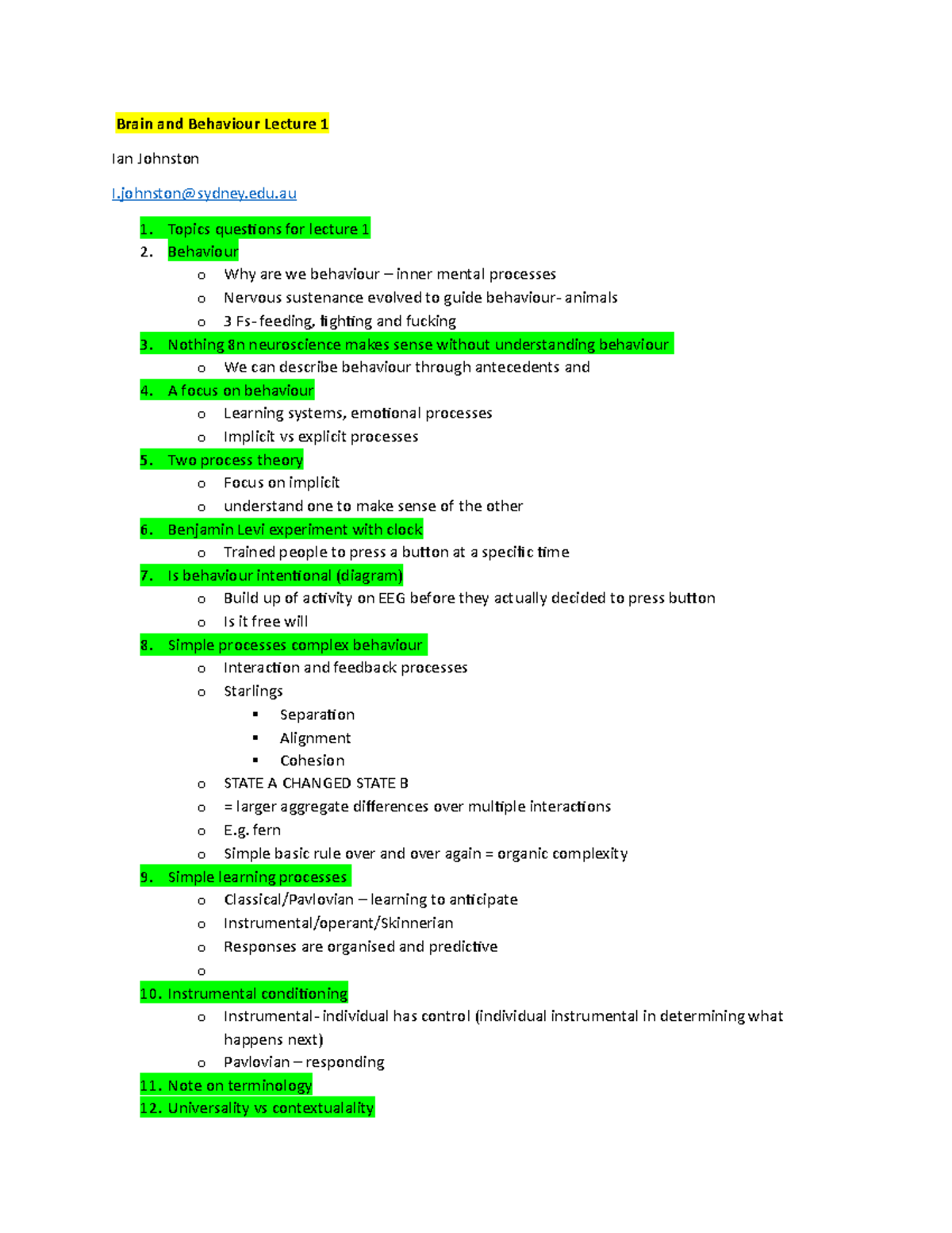 Brain and Behavior Lecture 1 Ian Johnston - Brain and Behaviour Lecture ...